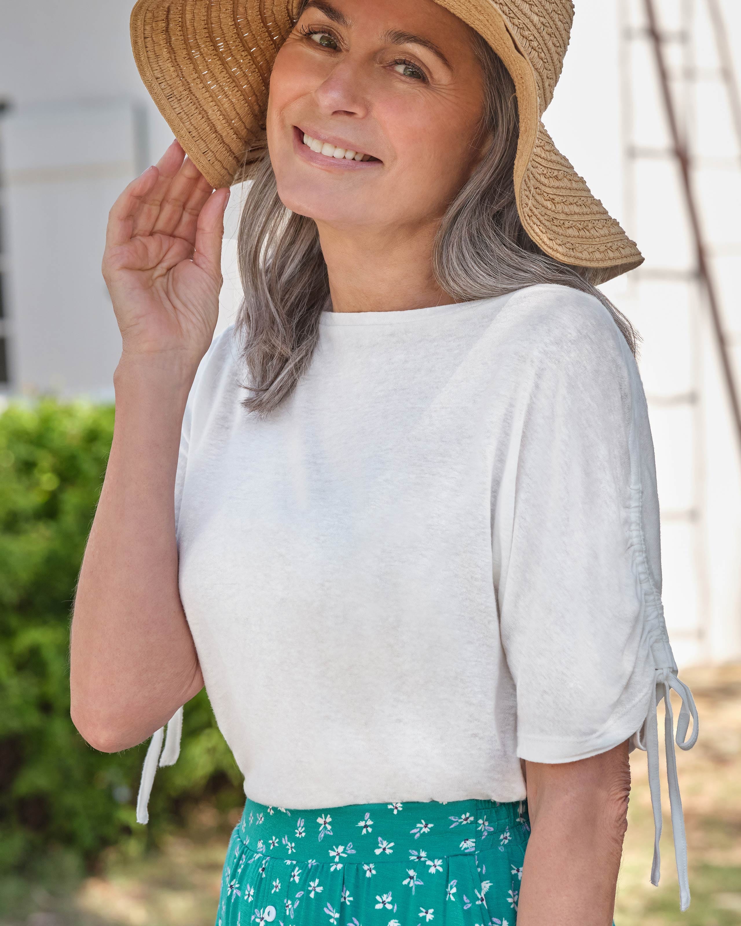 White | Linen Gathered Detail Top | WoolOvers AU