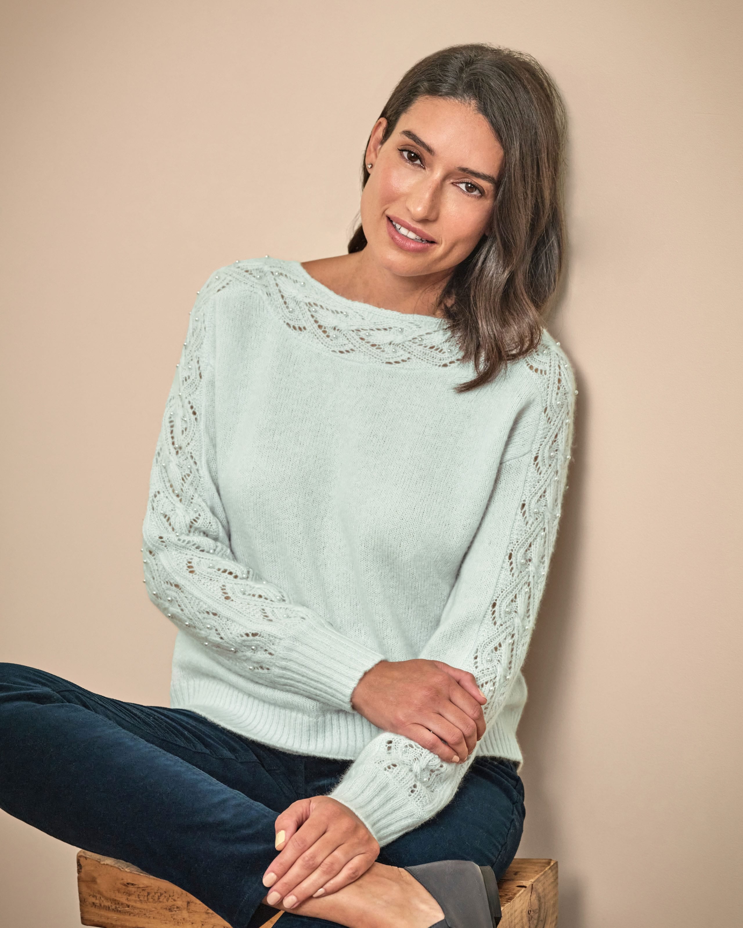 Aqua Ice | Wool Cashmere Lace And Pearl Sleeve Sweater | WoolOvers UK