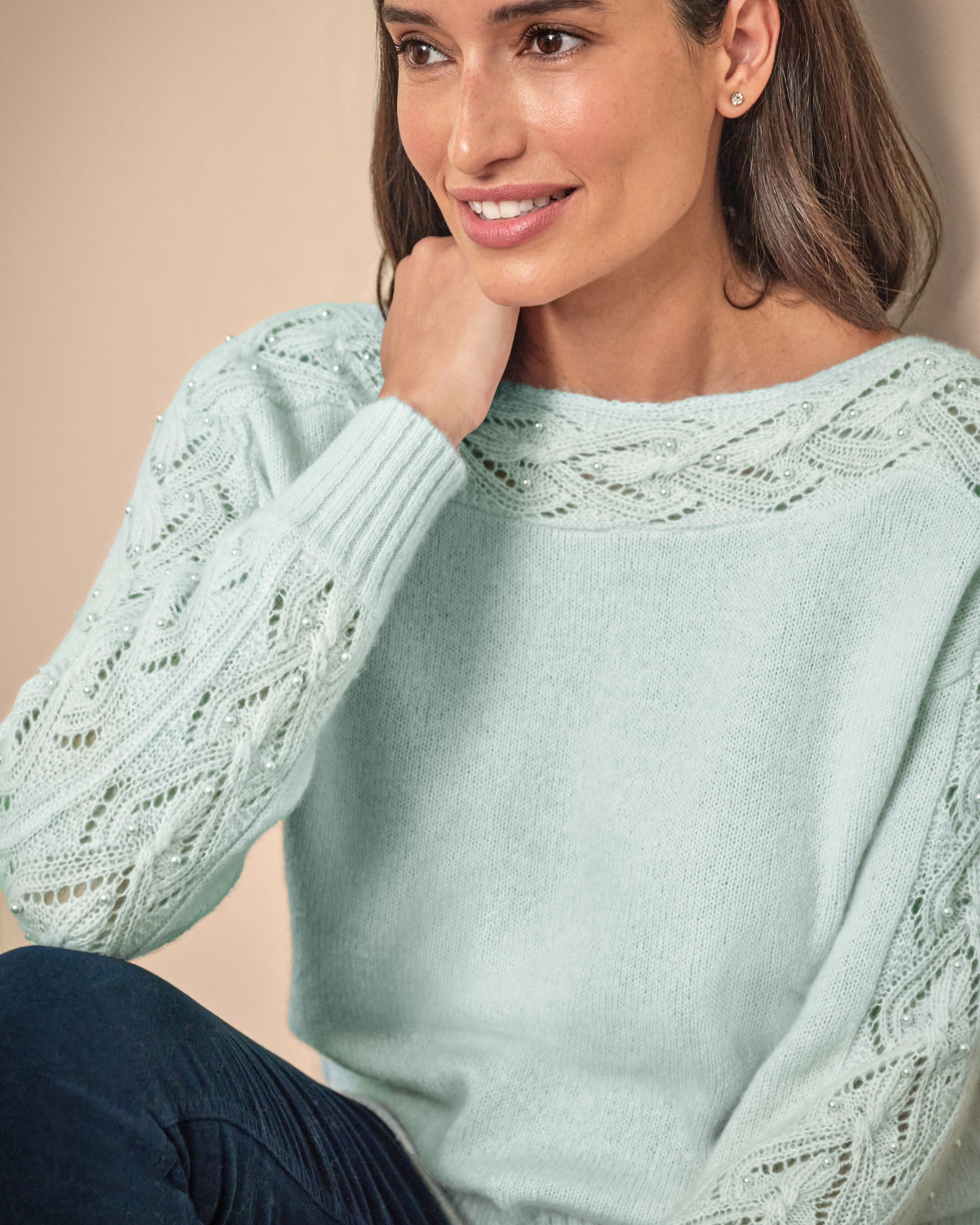 Aqua Ice | Wool Cashmere Lace And Pearl Sleeve Sweater | WoolOvers UK
