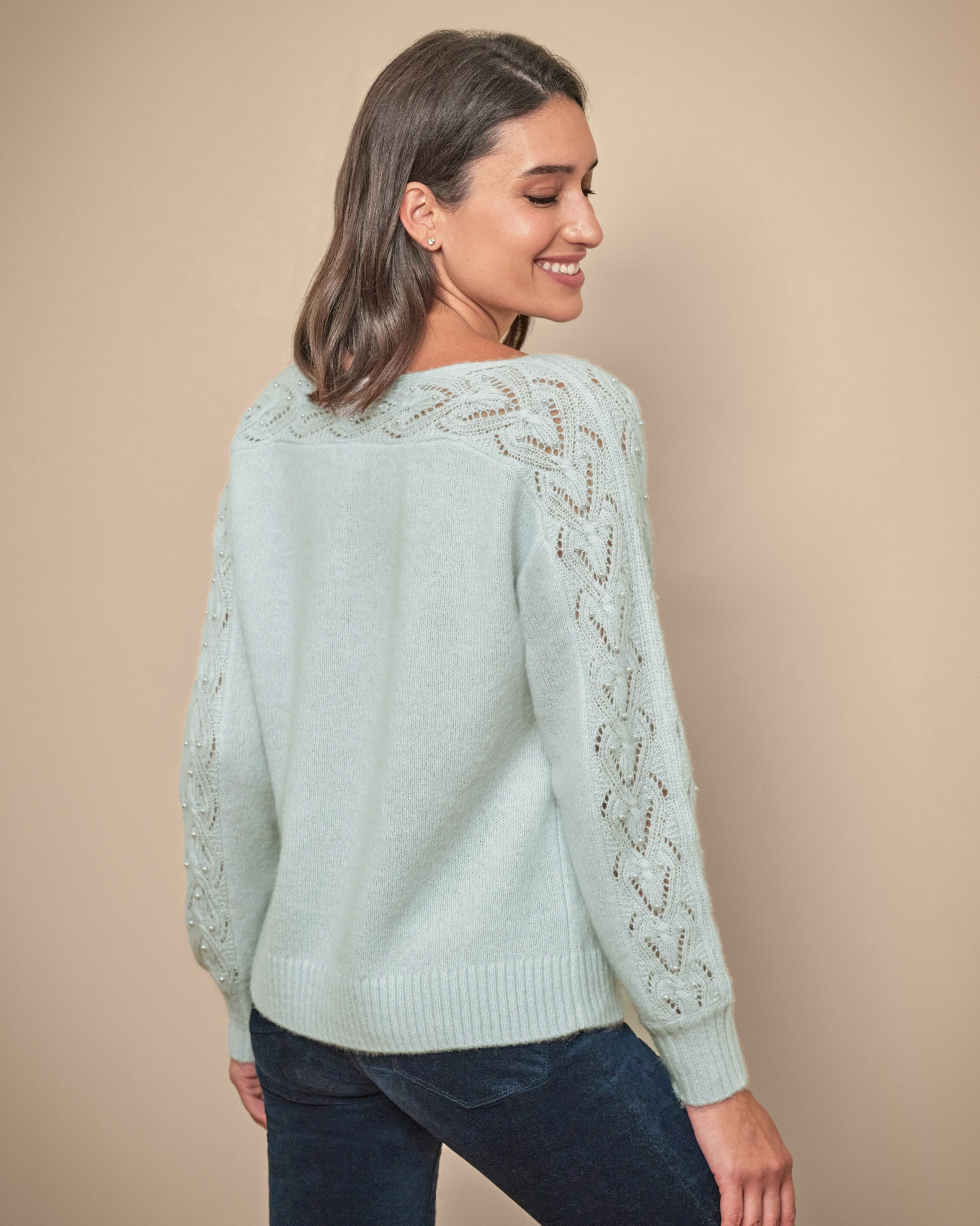 Aqua Ice | Wool Cashmere Lace And Pearl Sleeve Sweater | WoolOvers UK