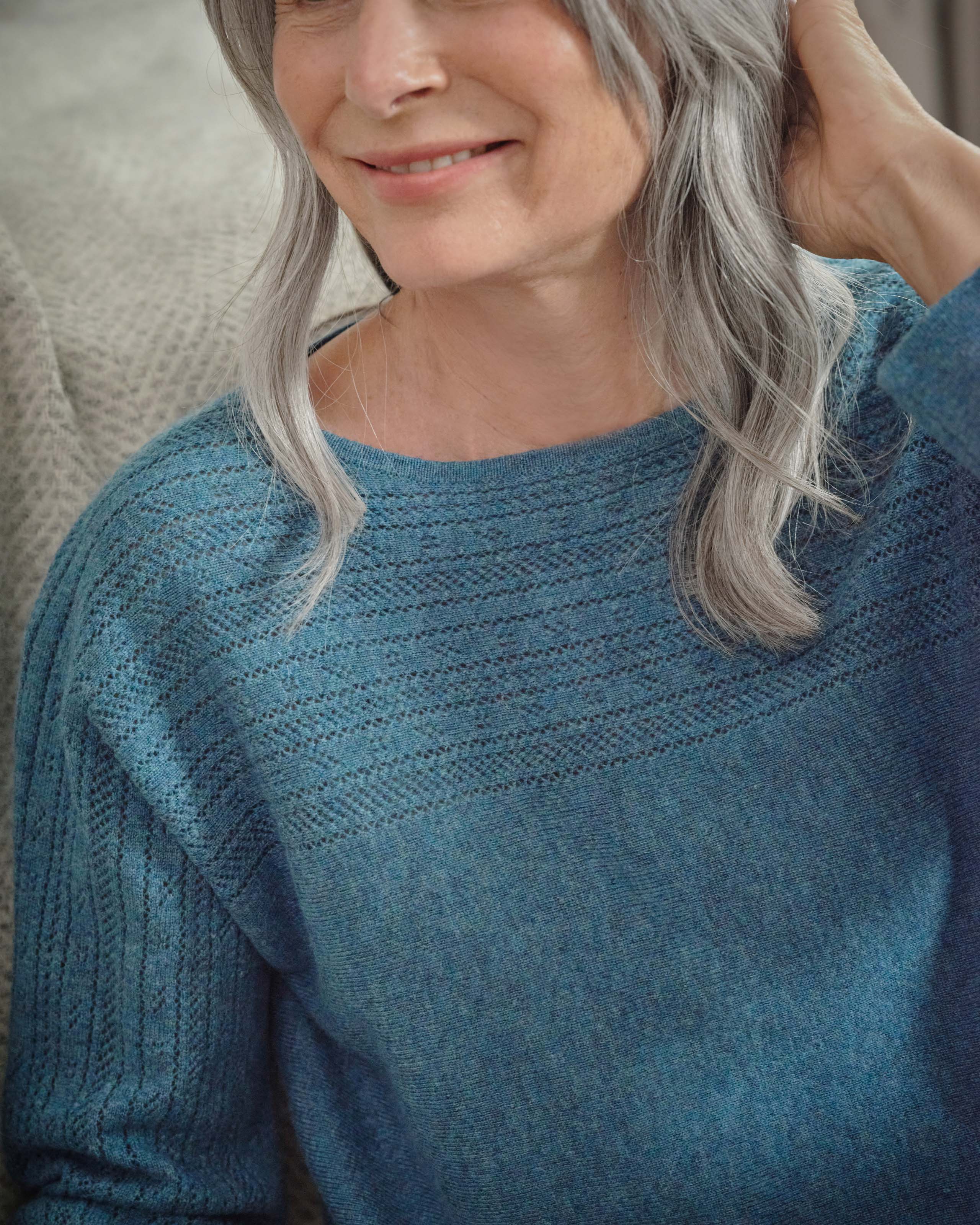 Teal Marl | Boat Neck Pointelle Cashmere Merino Jumper | WoolOvers AU