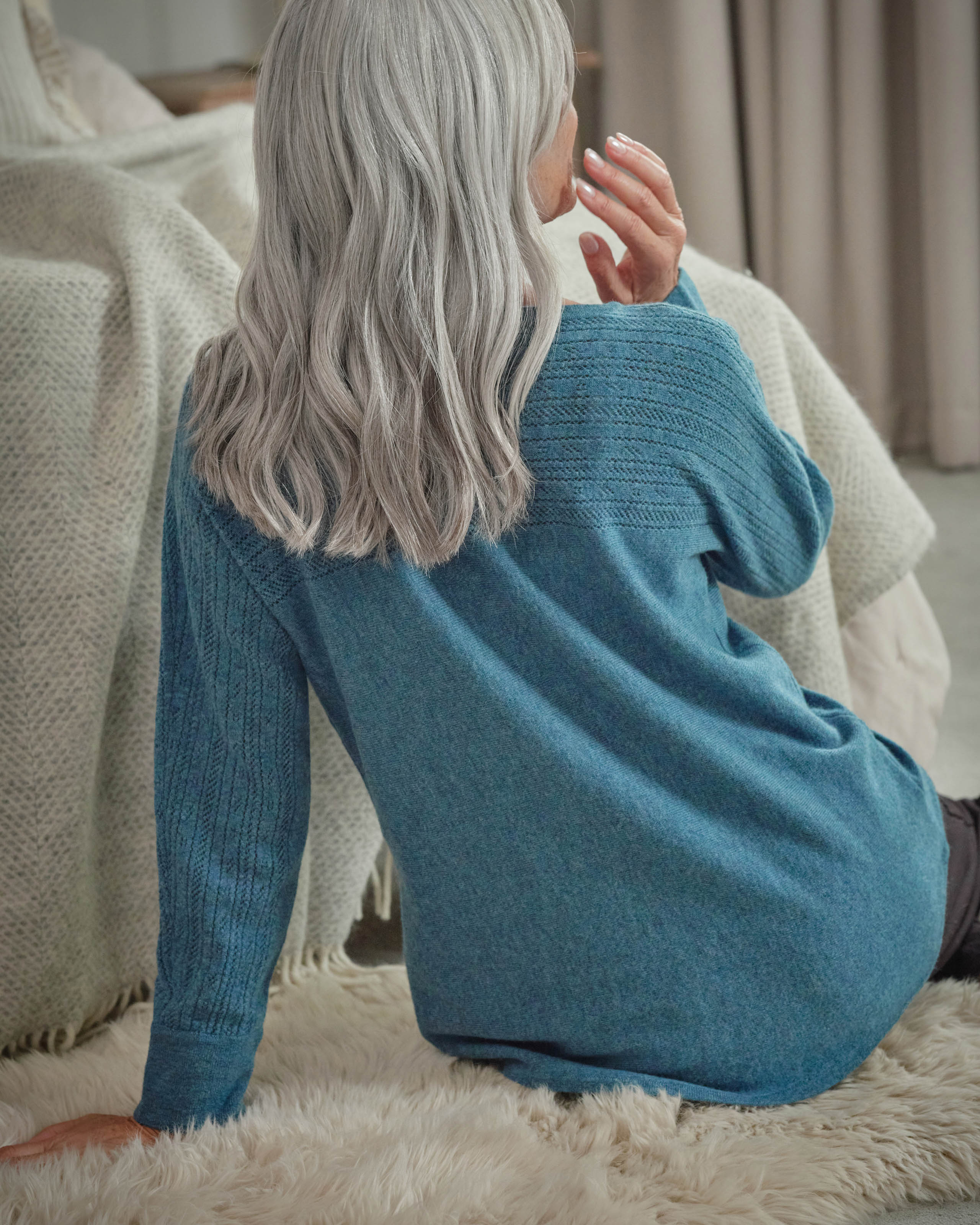 Teal Marl | Boat Neck Pointelle Cashmere Merino Jumper | WoolOvers UK