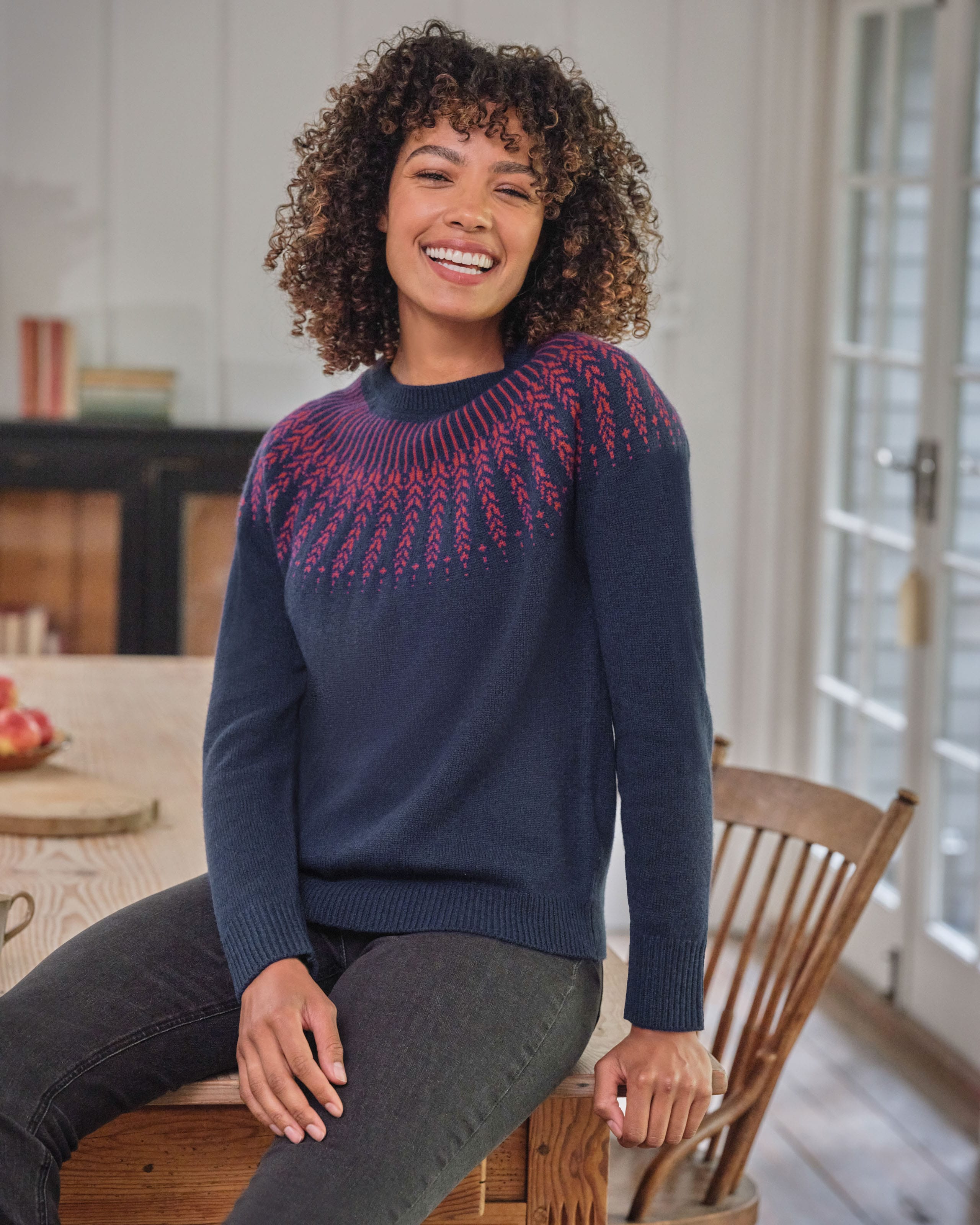 Navy/Pink | Autumn Sprig Yoke Jumper | WoolOvers UK