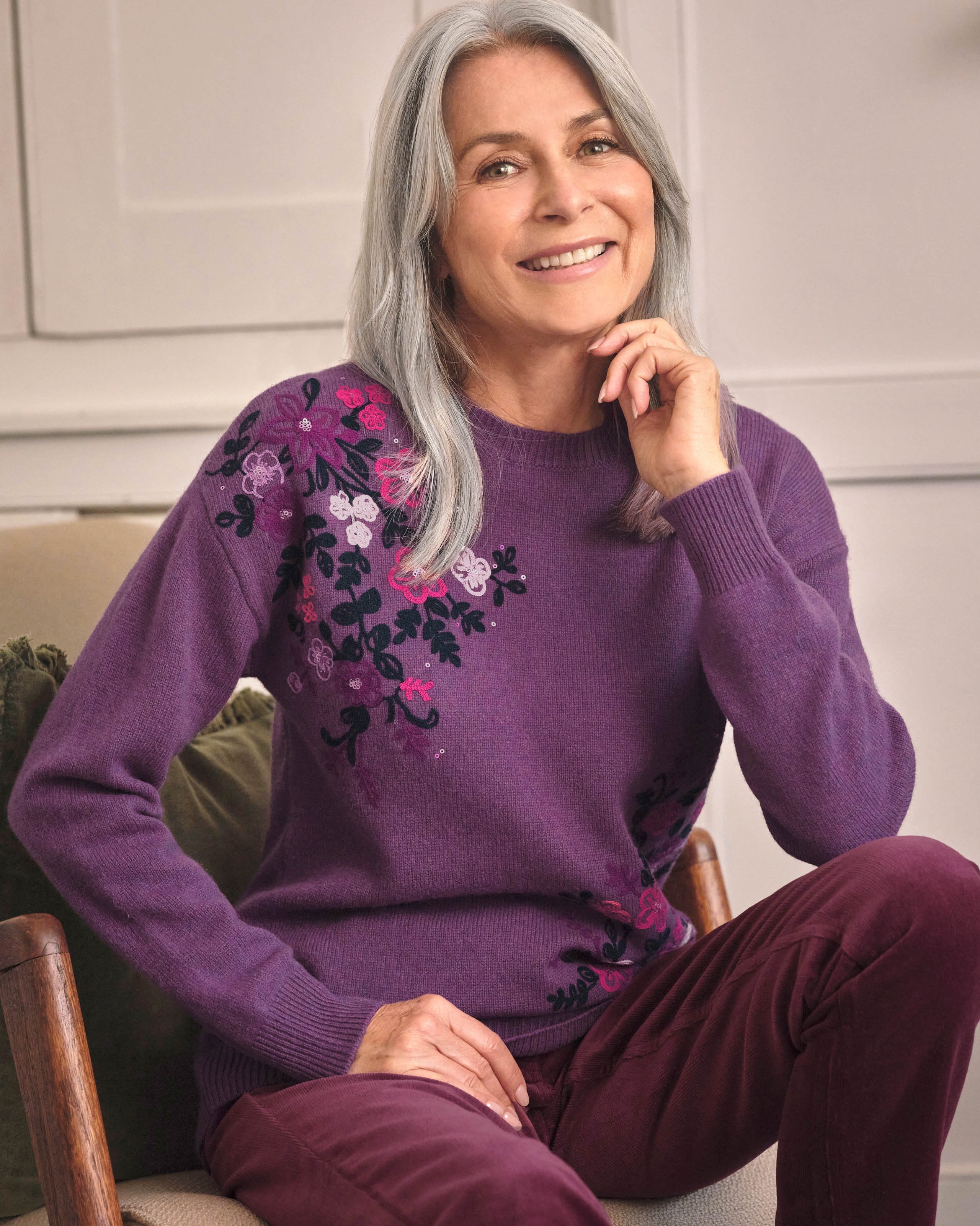 Purple | Floral Embroidered Sparkle Jumper | WoolOvers UK