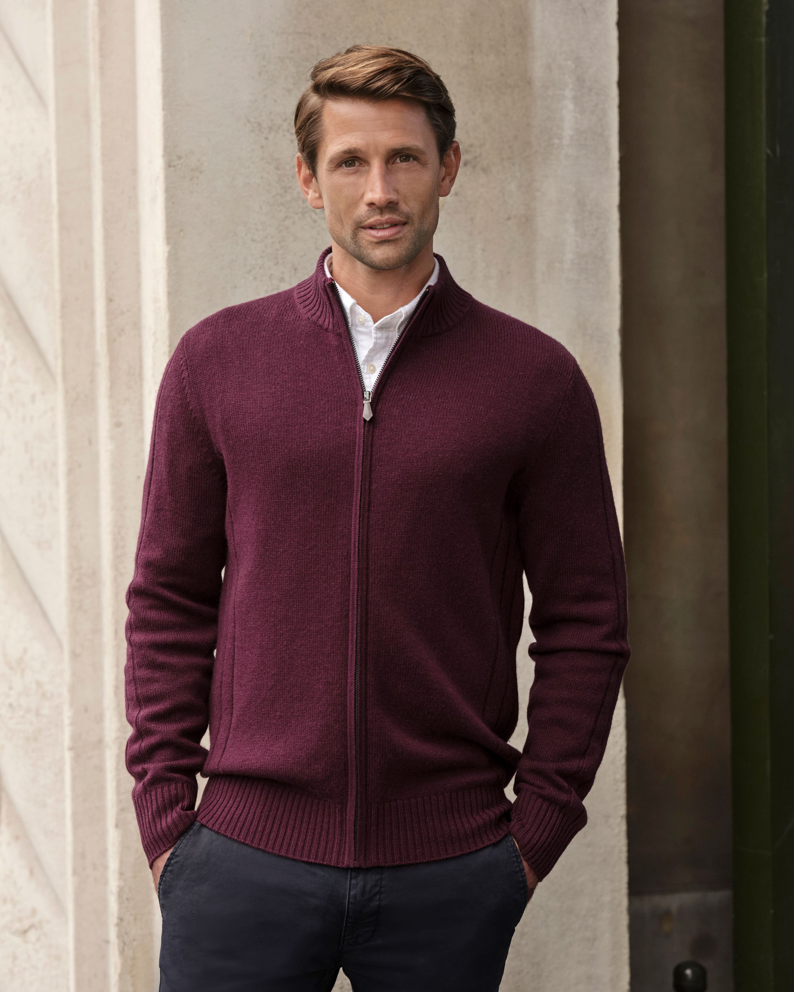 Raisin | Wool Cashmere Ribbed Zip Through Cardigan | WoolOvers UK
