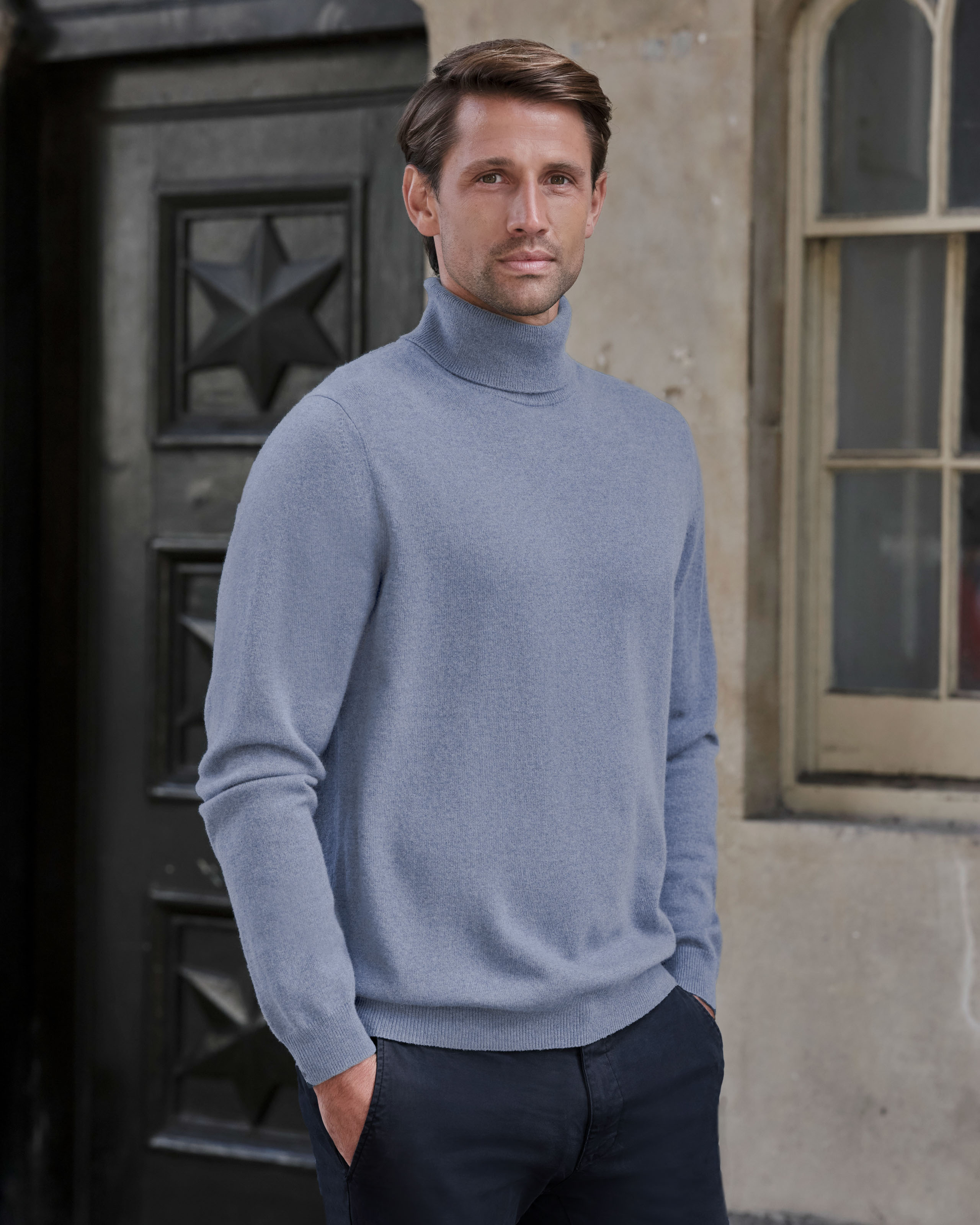 Denim Chambray | Mens Cashmere Roll Neck Sweater | WoolOvers US