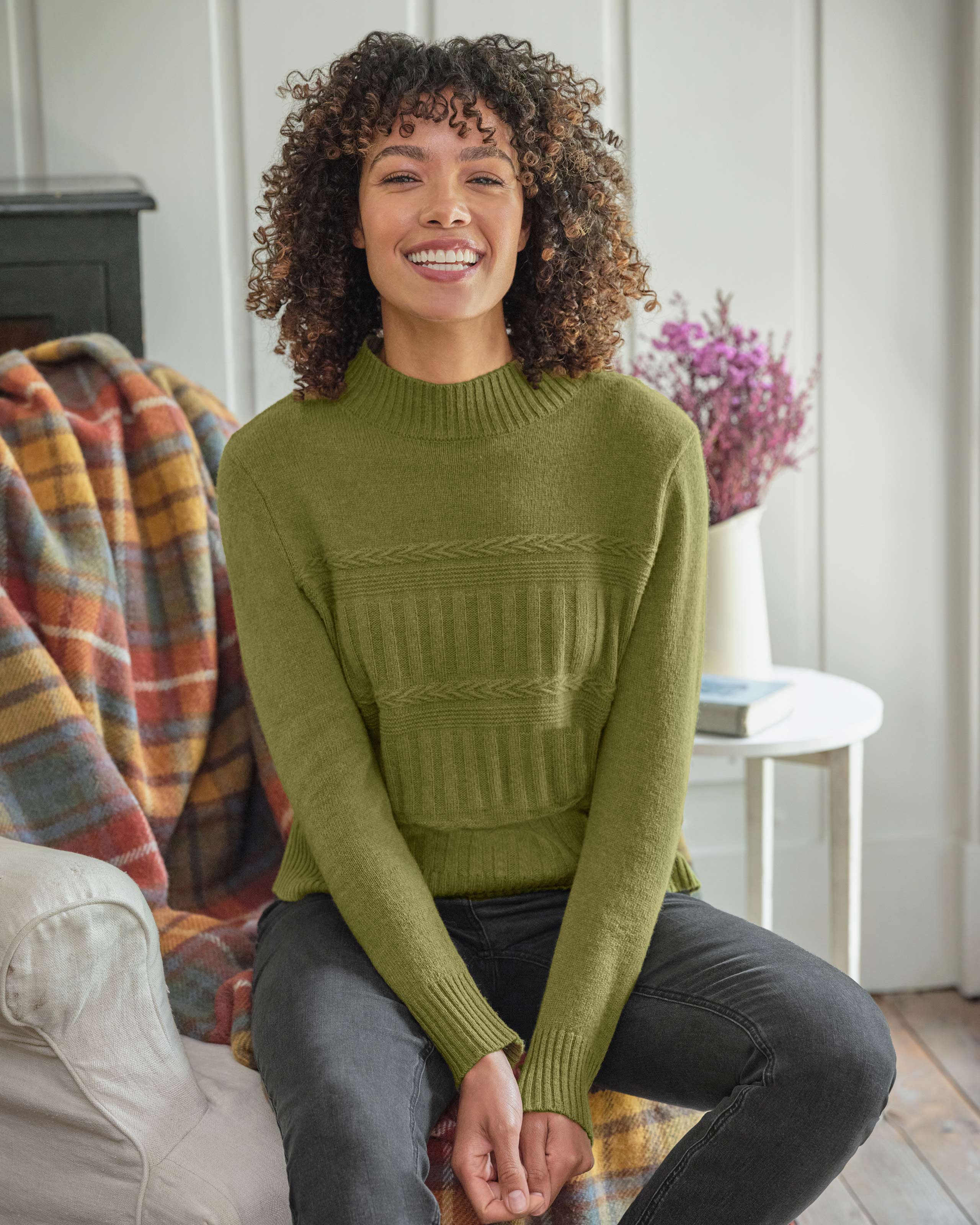 Olive Green | Texture Turtle Neck Jumper | WoolOvers UK