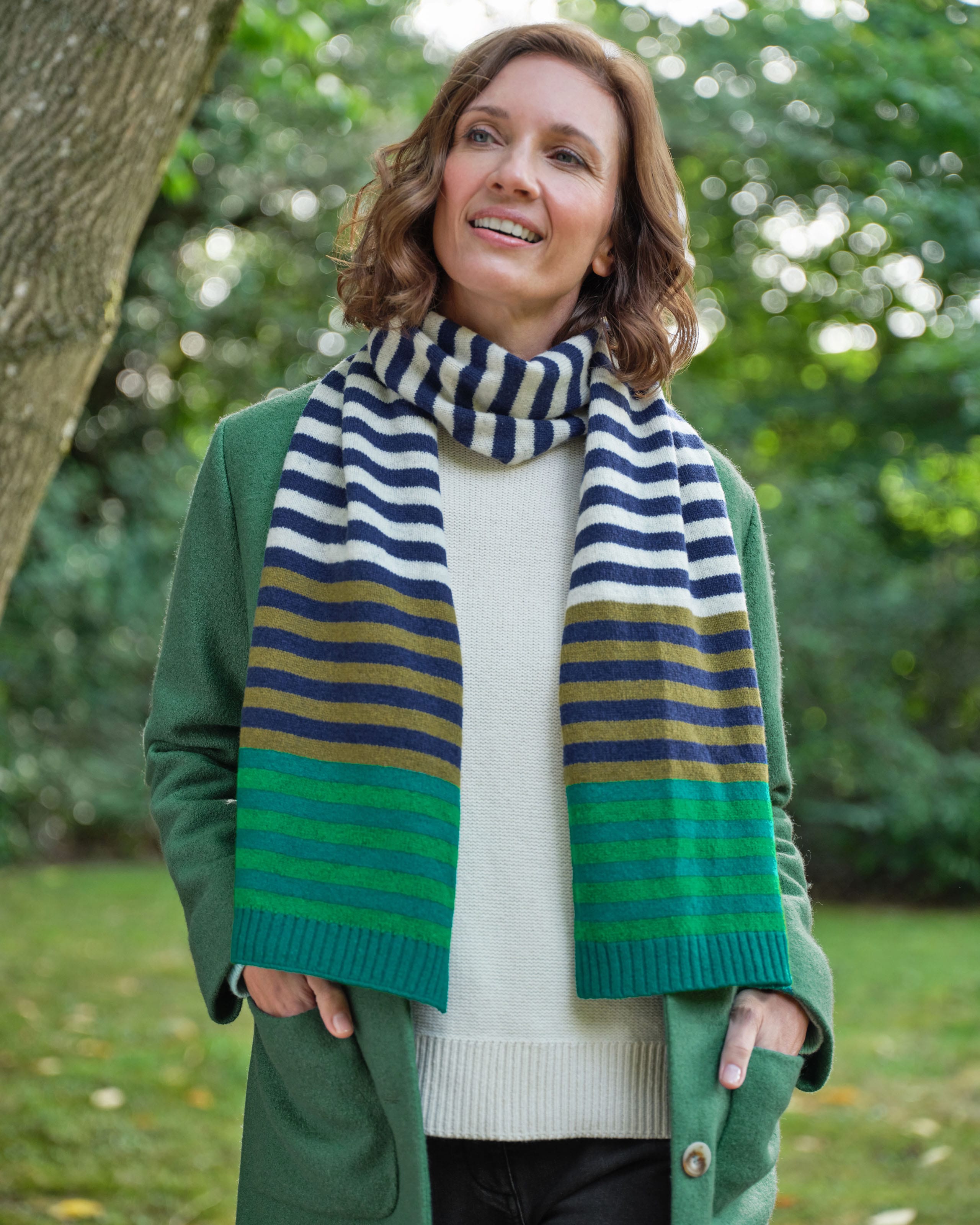 Multi Green | Multi Stripe Lambswool Scarf | WoolOvers UK