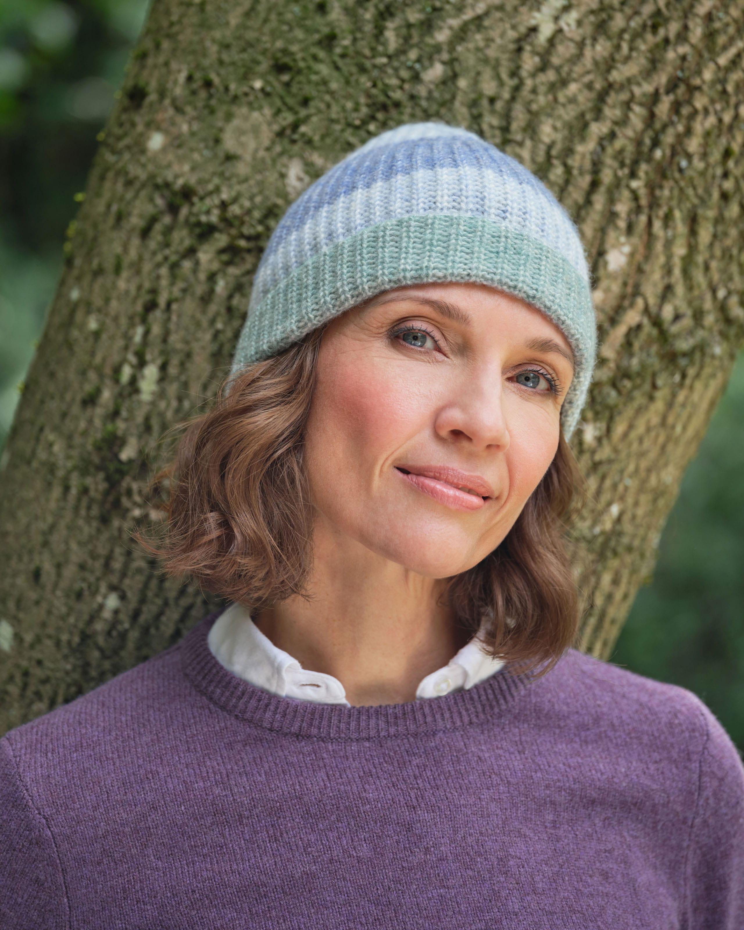 Blue | Fluffy Colourblock Stripe Hat | WoolOvers US