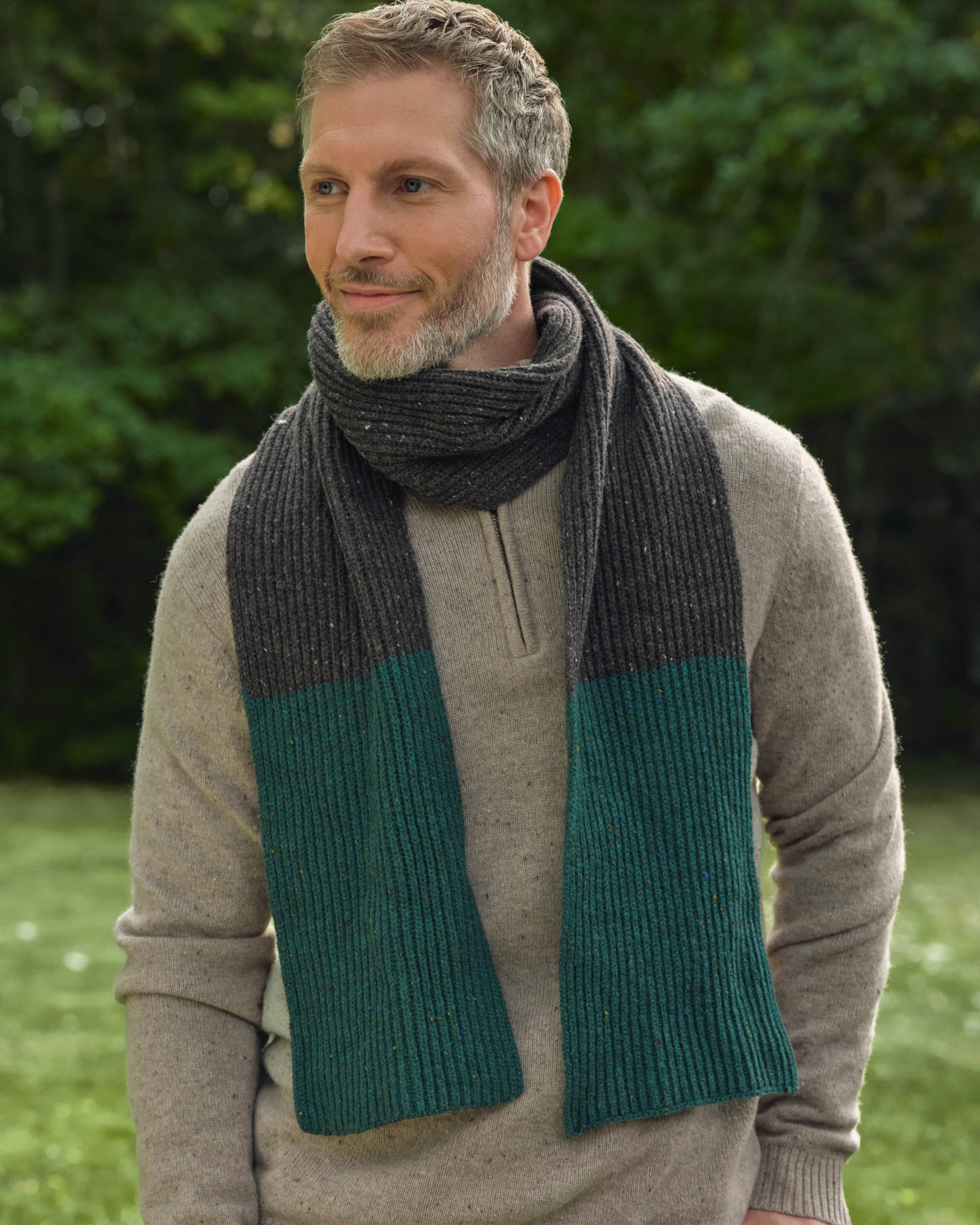 Grey/Teal | Mens Nep Yarn Colourblock Scarf | WoolOvers UK
