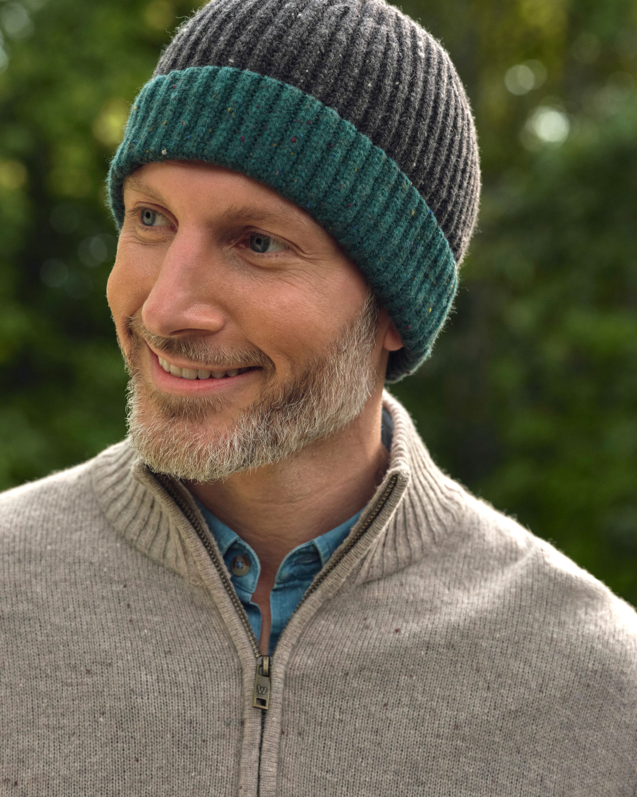 Grey/Teal | Mens Nep Yarn Colourblock Beanie Hat | WoolOvers US