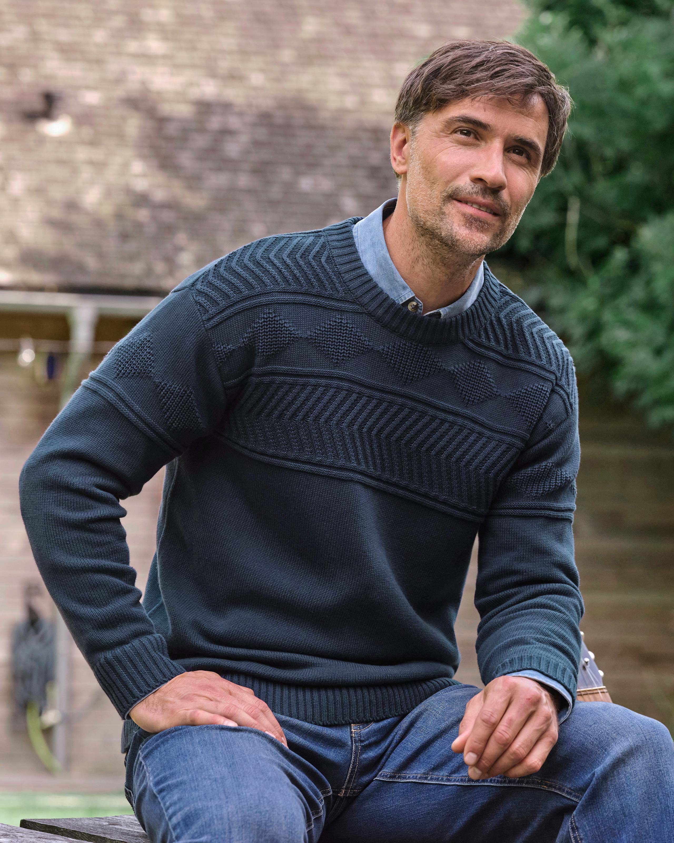 Navy | Textured Yoke Jumper | WoolOvers UK