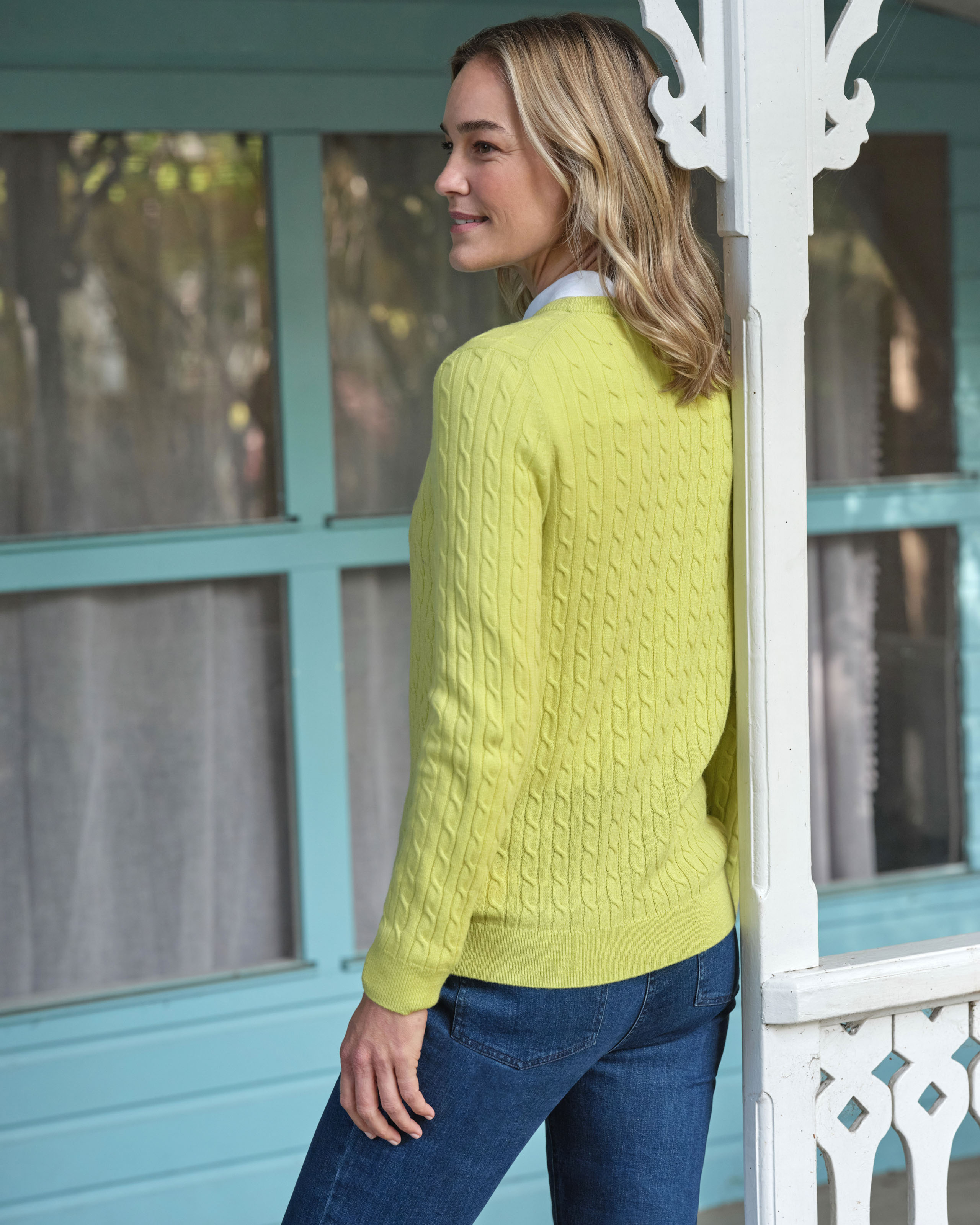 Lime Punch | Cashmere Merino Cable Crew Neck Jumper | WoolOvers UK