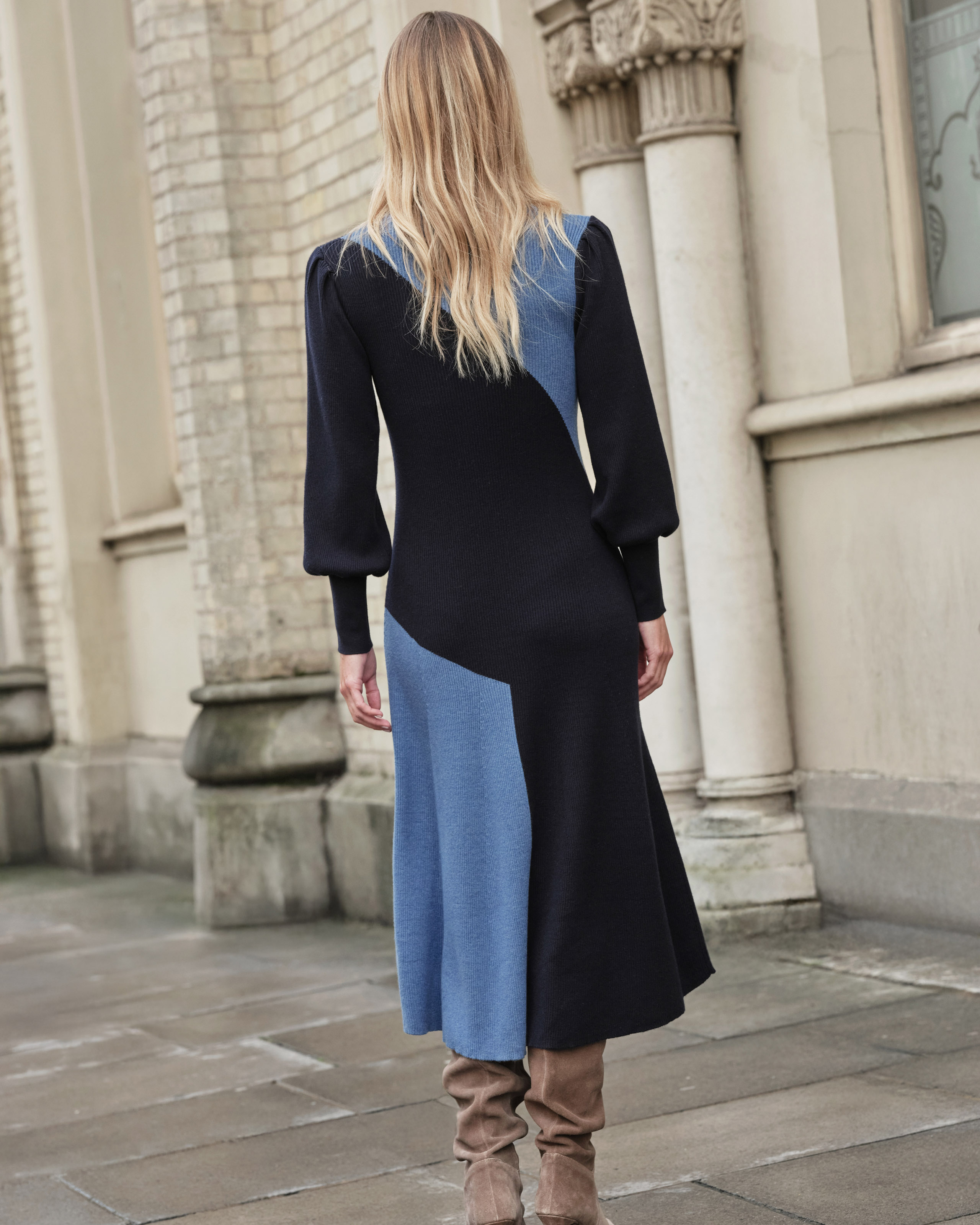 Navy/Blue | Ribbed Colour Block Fit N Flare Dress | WoolOvers UK