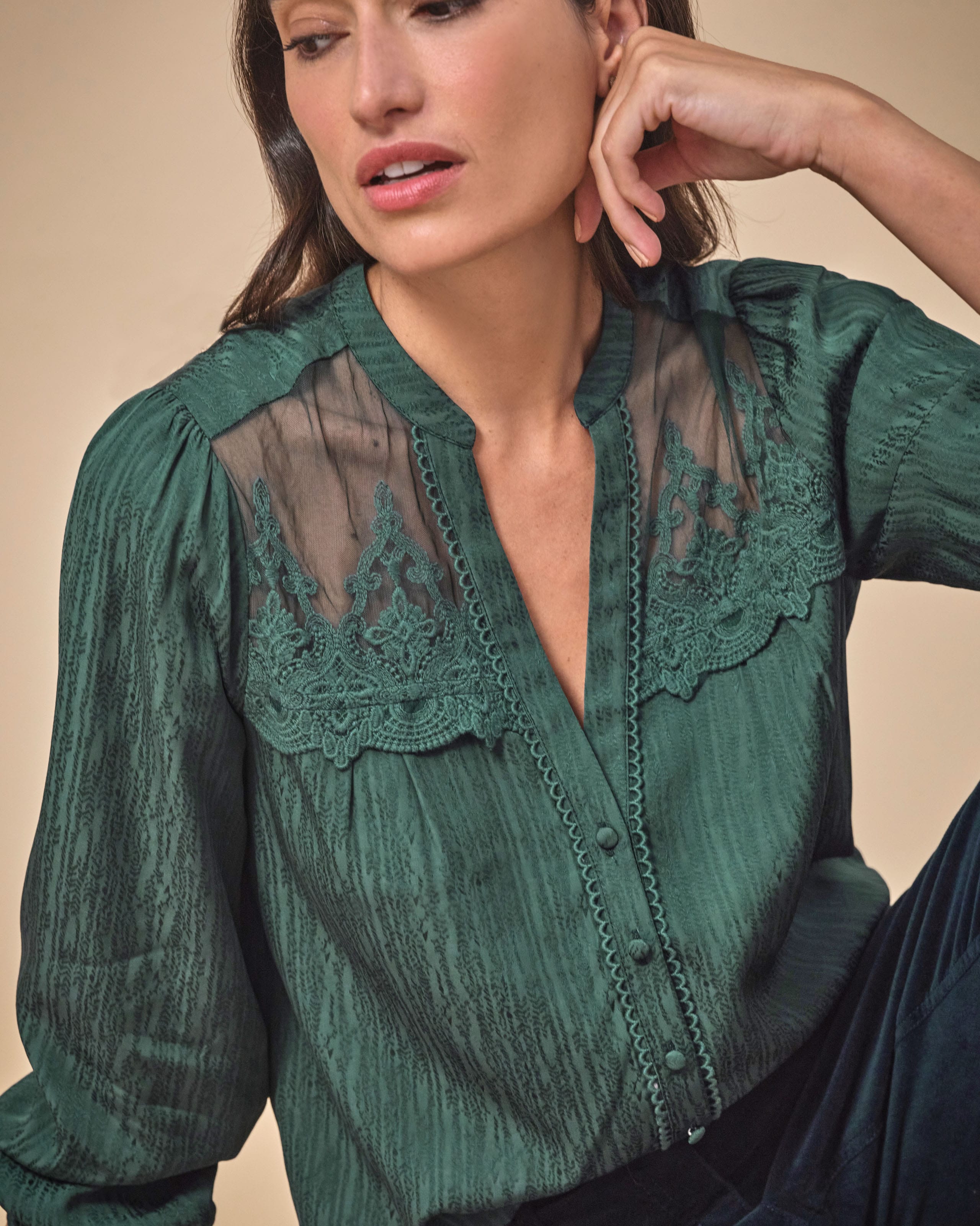 Emerald | Notch Neck Lace Trim Blouse | WoolOvers UK