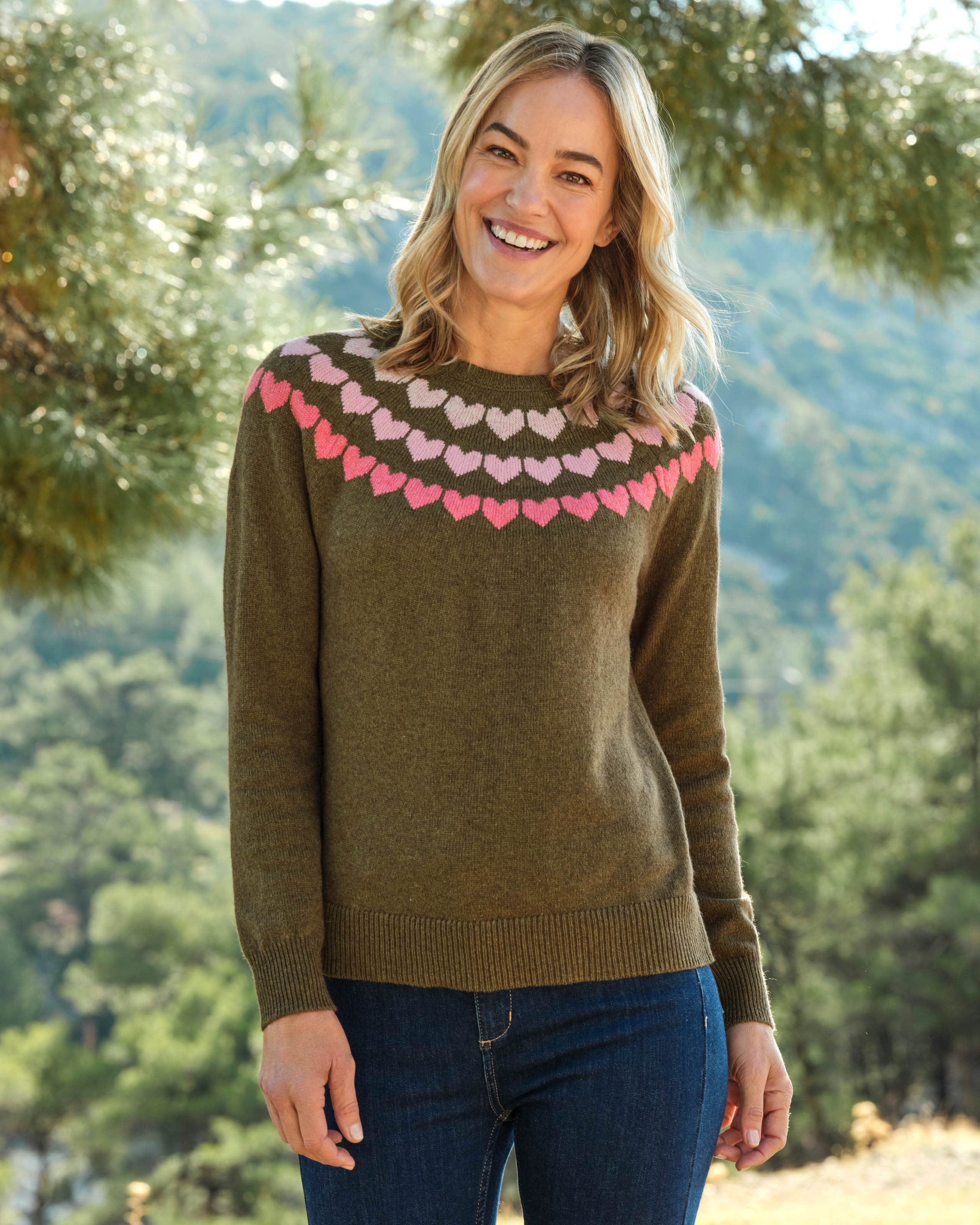 Green/Pink | Heart Yoke Jumper | WoolOvers UK