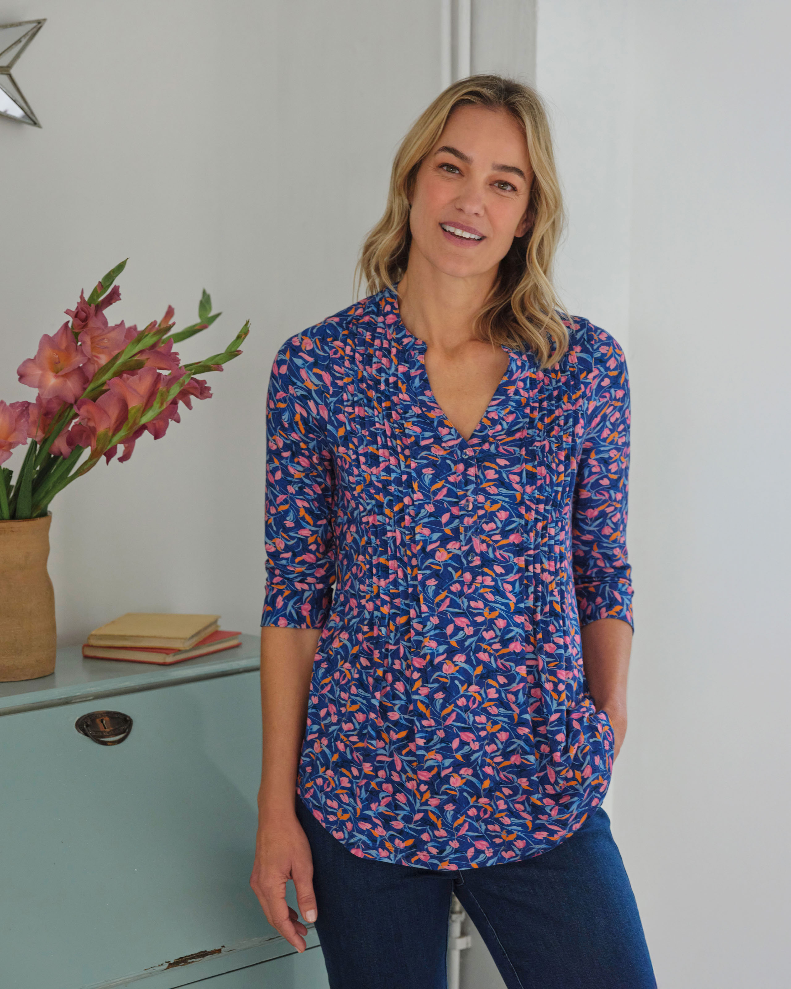 Tulip Print | Longline Pintuck Shirt | WoolOvers UK
