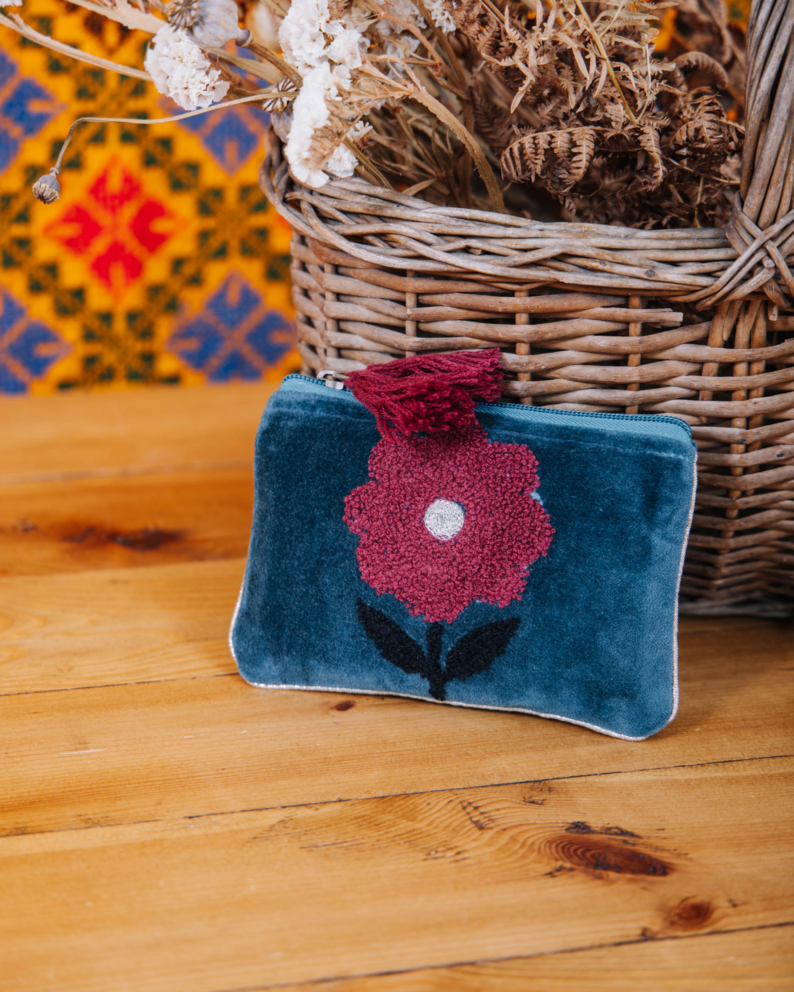 Navy | Small Velvet Flower Pouch | WoolOvers UK