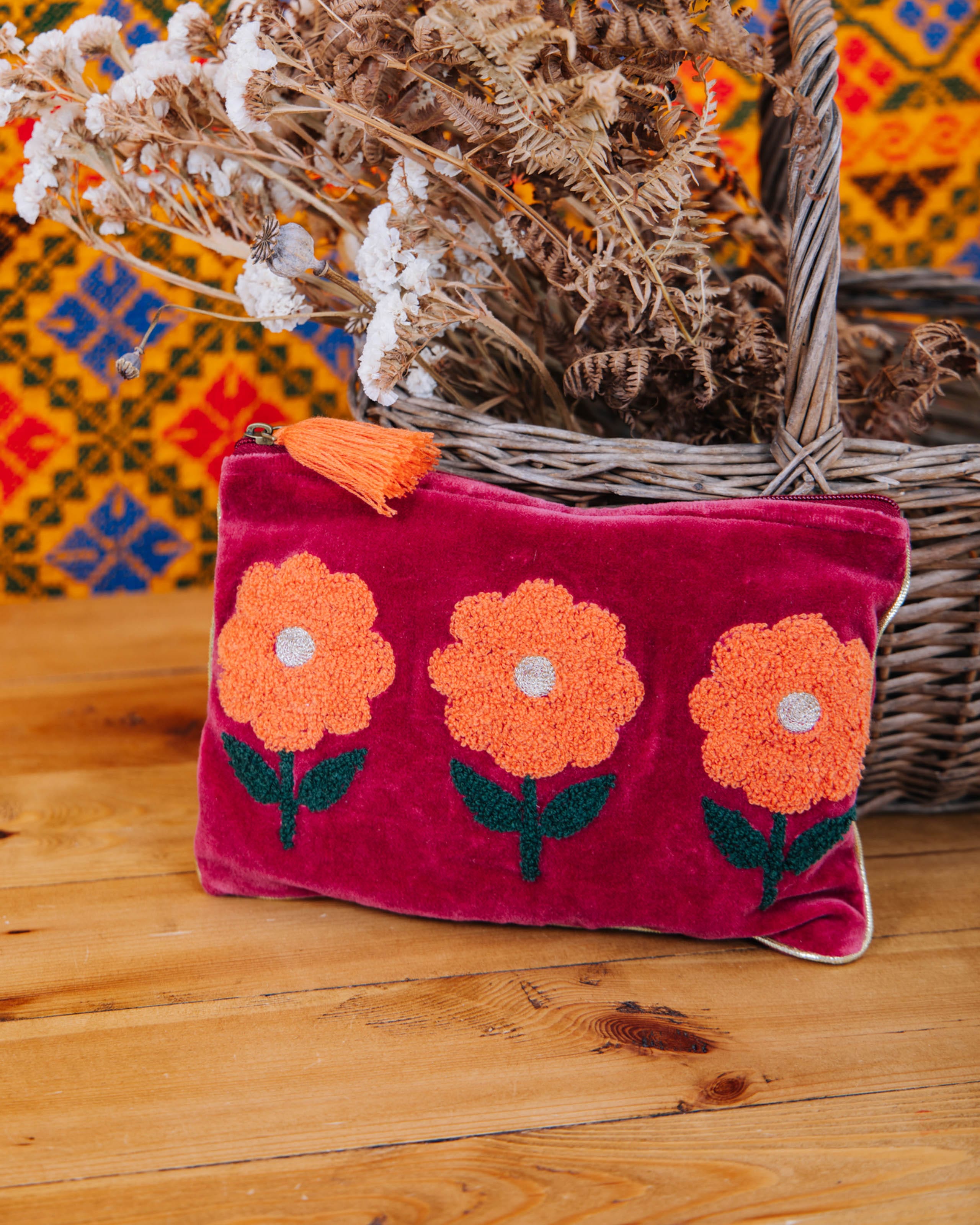 Burgundy | Large Velvet Flower Pouch | WoolOvers UK