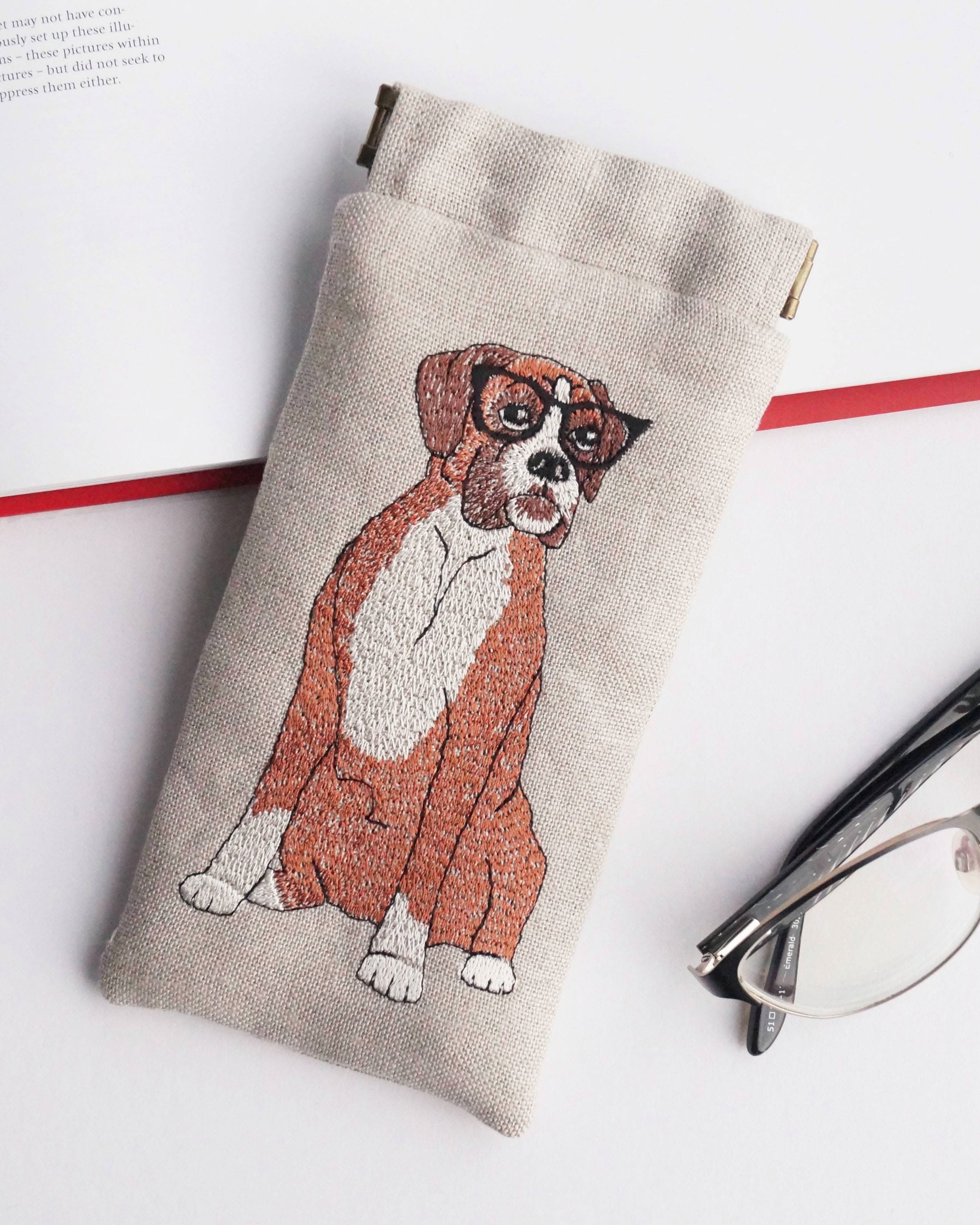 Boxer | Linen Embroidered Glasses Case | WoolOvers UK