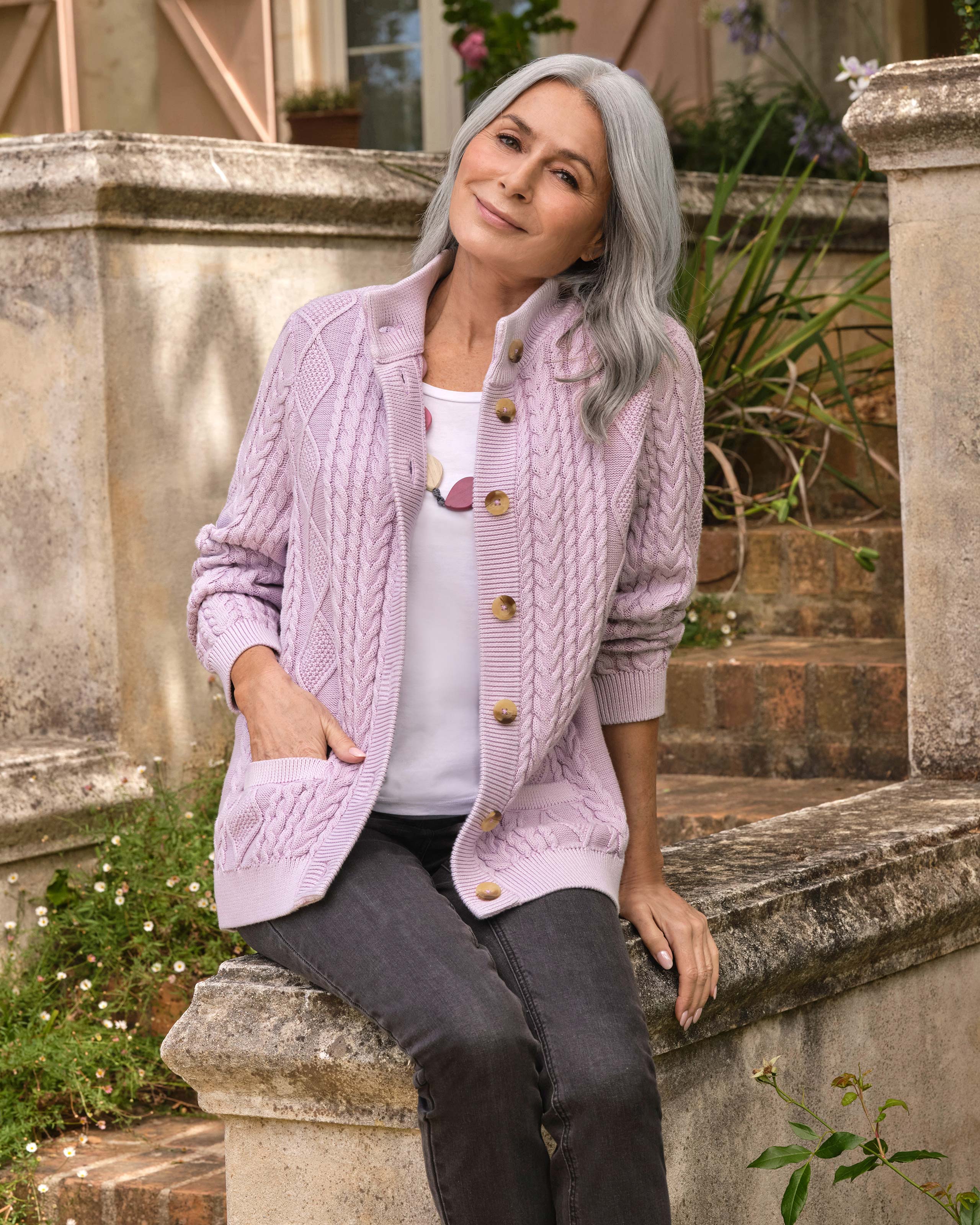 Lilac | Cable Cotton Button Neck Cardigan | WoolOvers US