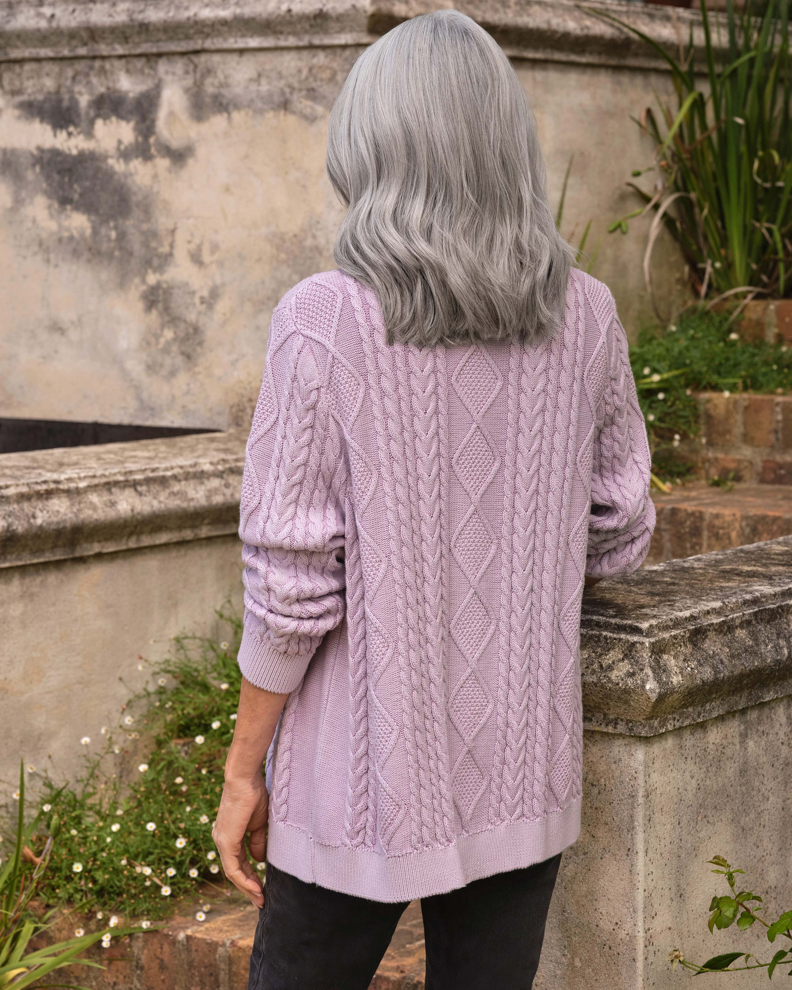 Lilac | Cable Cotton Button Neck Cardigan | WoolOvers UK