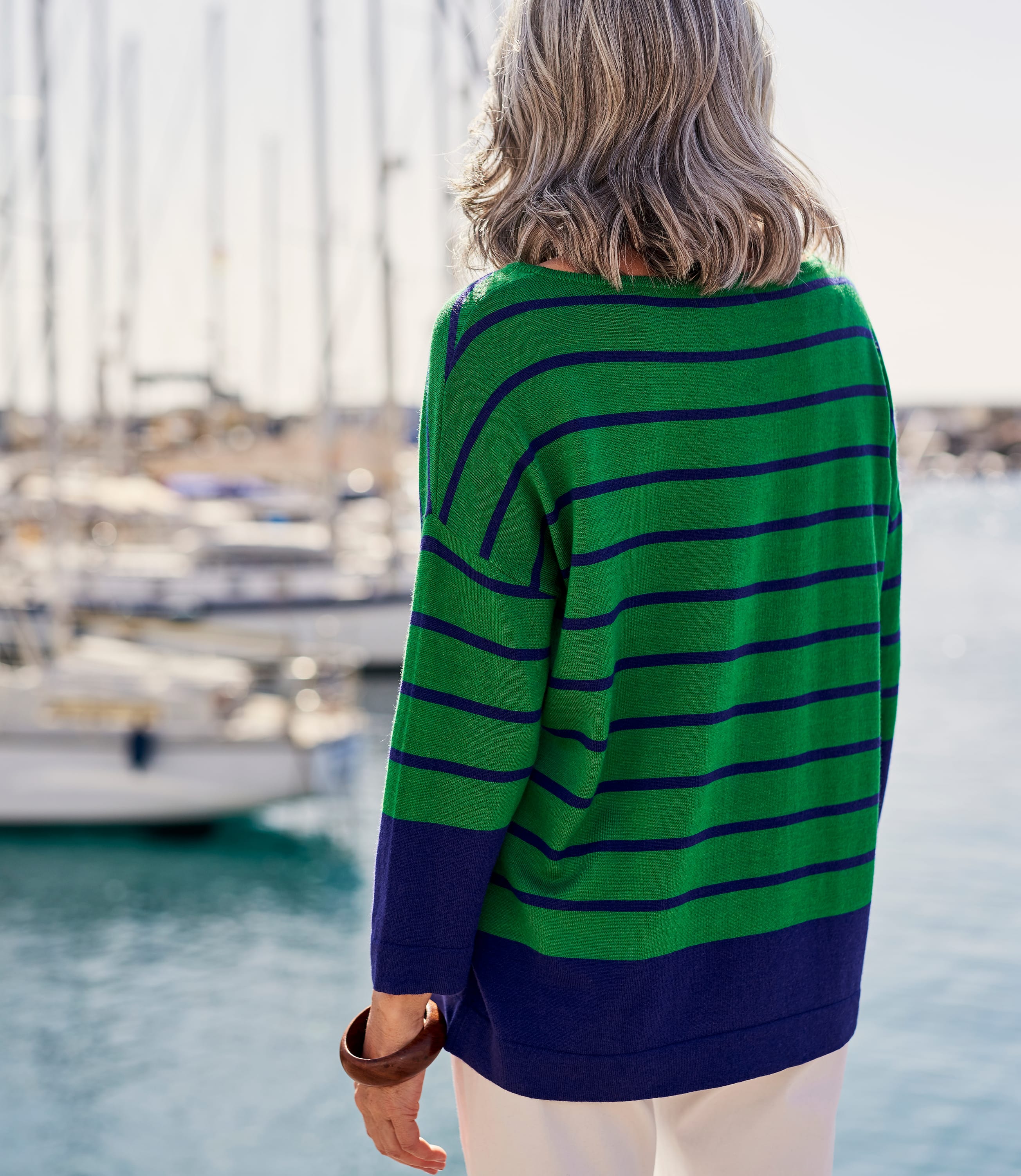 Green Blue Stripe Womens Merino Boat Neck 3 4 Sleeve Jumper