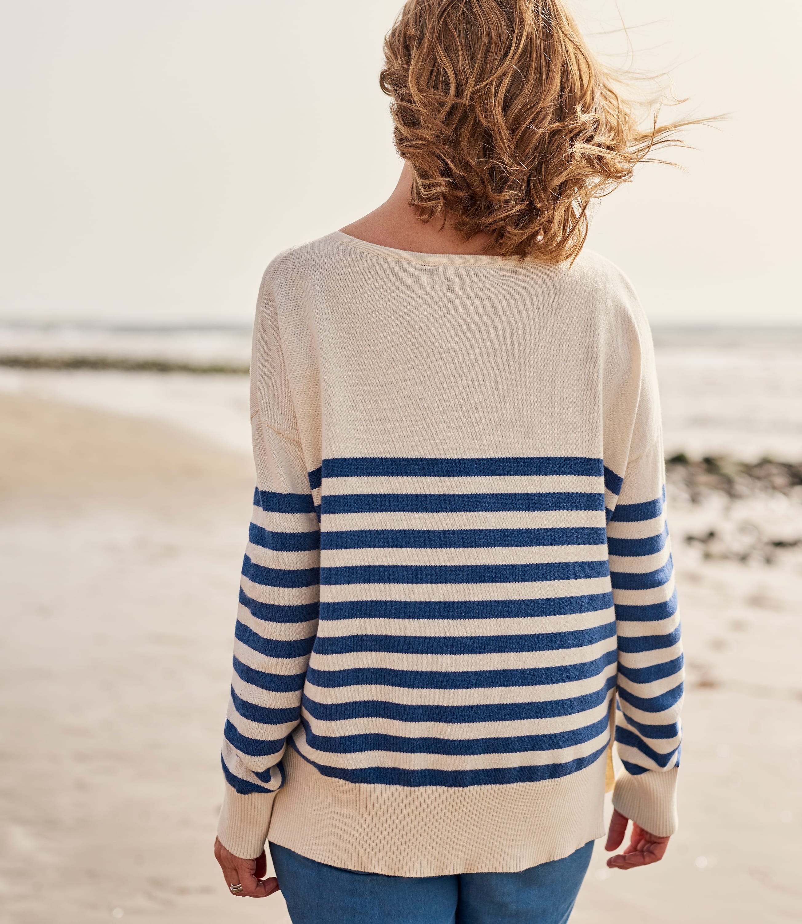 Cream Denim Womens Breton Stripe Dropped Shoulder Jumper Woolovers Au