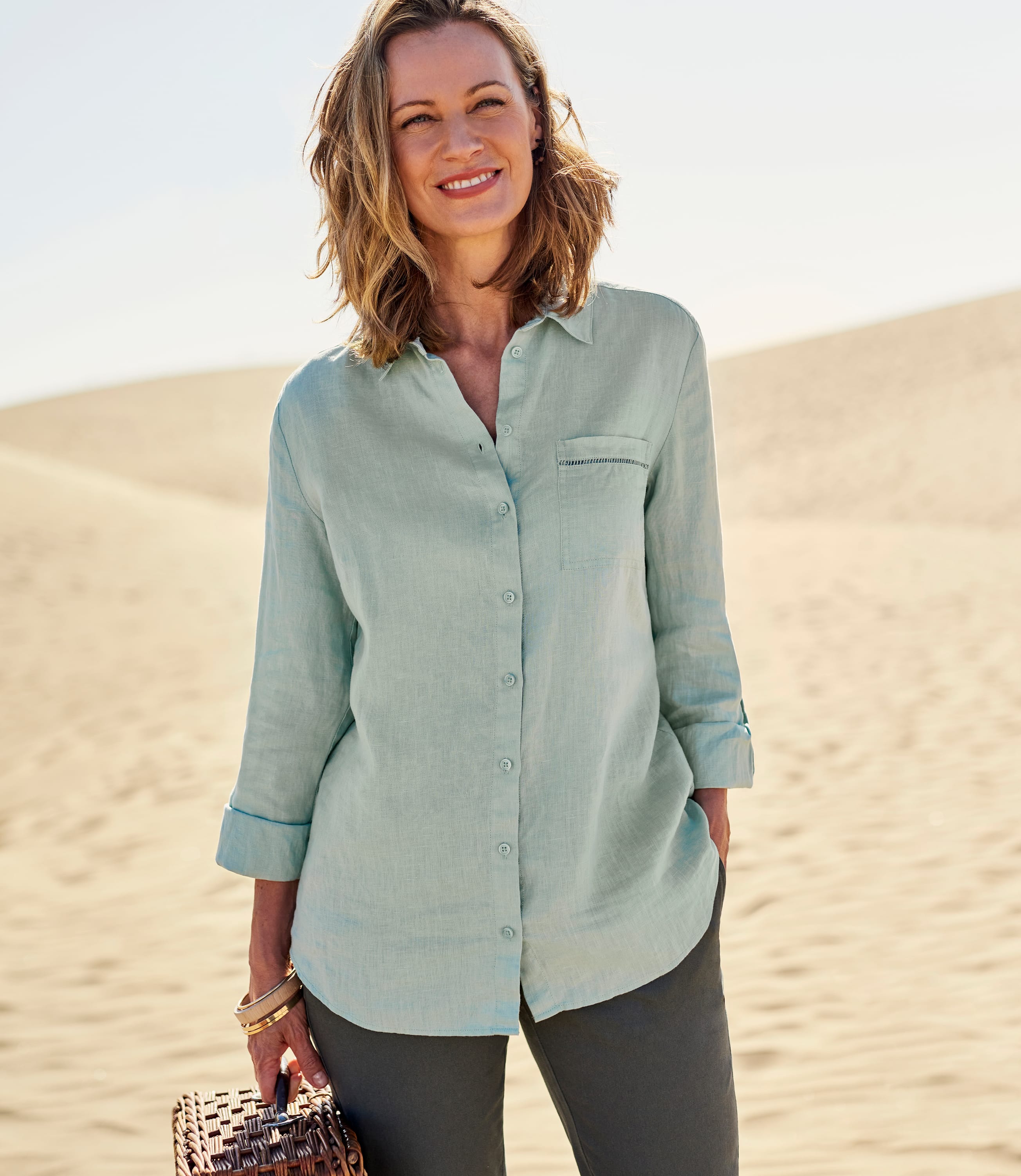 Light Green 100 Linen Womens Pocket Detail Linen Shirt