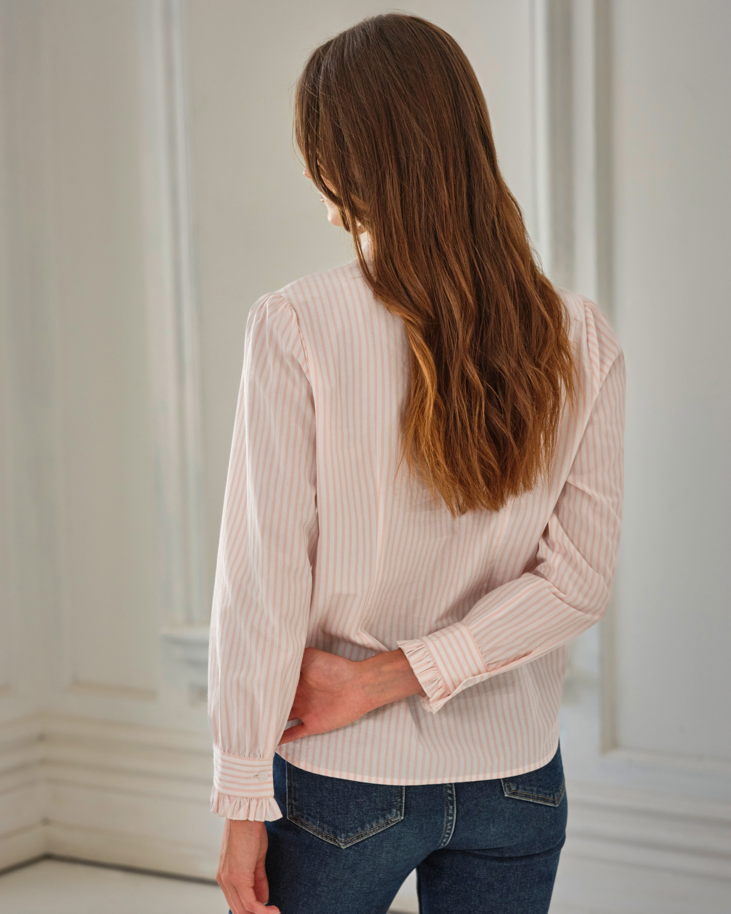Pink Stripe | Cotton Frill Neck Shirt | WoolOvers UK