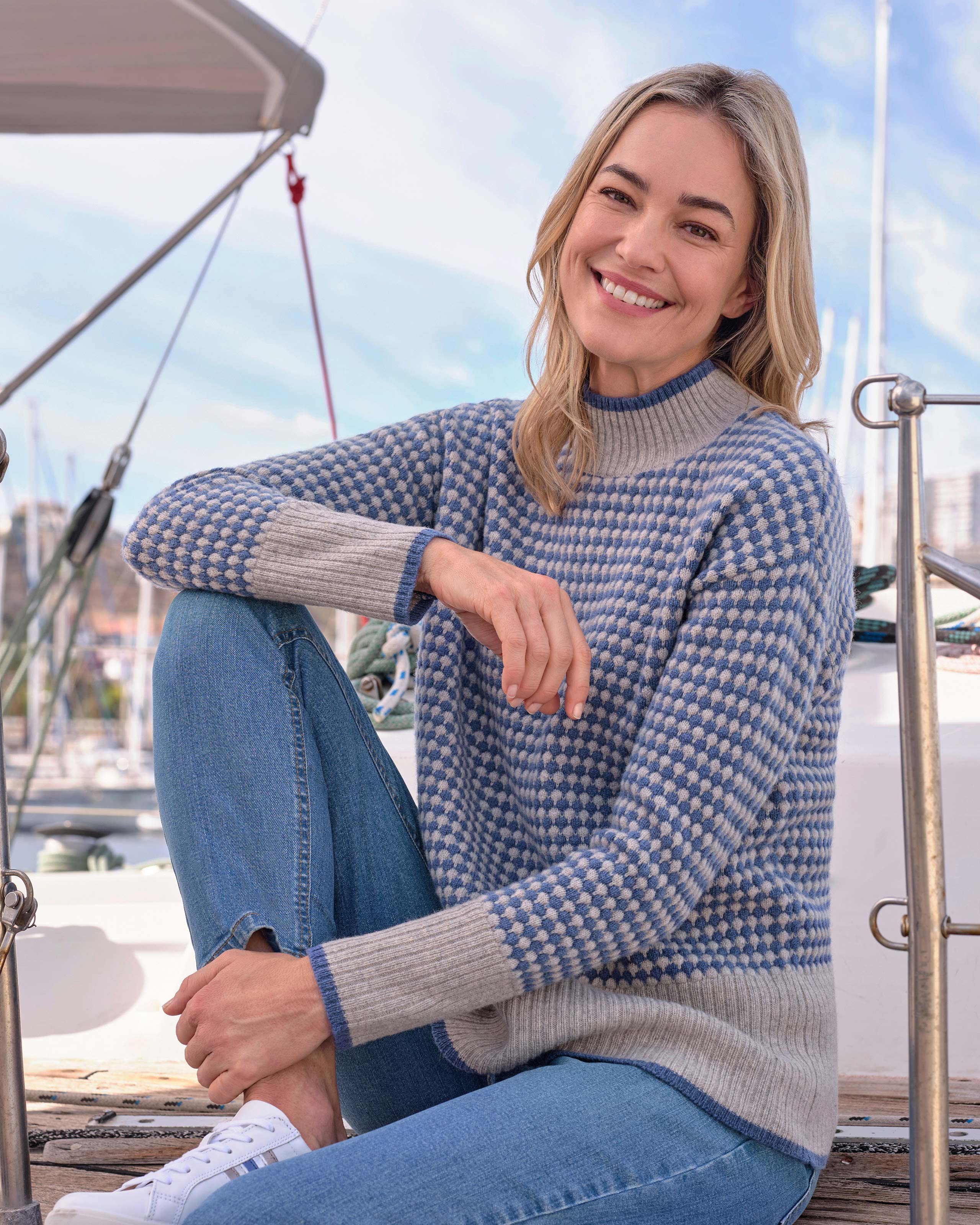 Denim/Grey | Turtle Neck Two Tone Jumper | WoolOvers AU