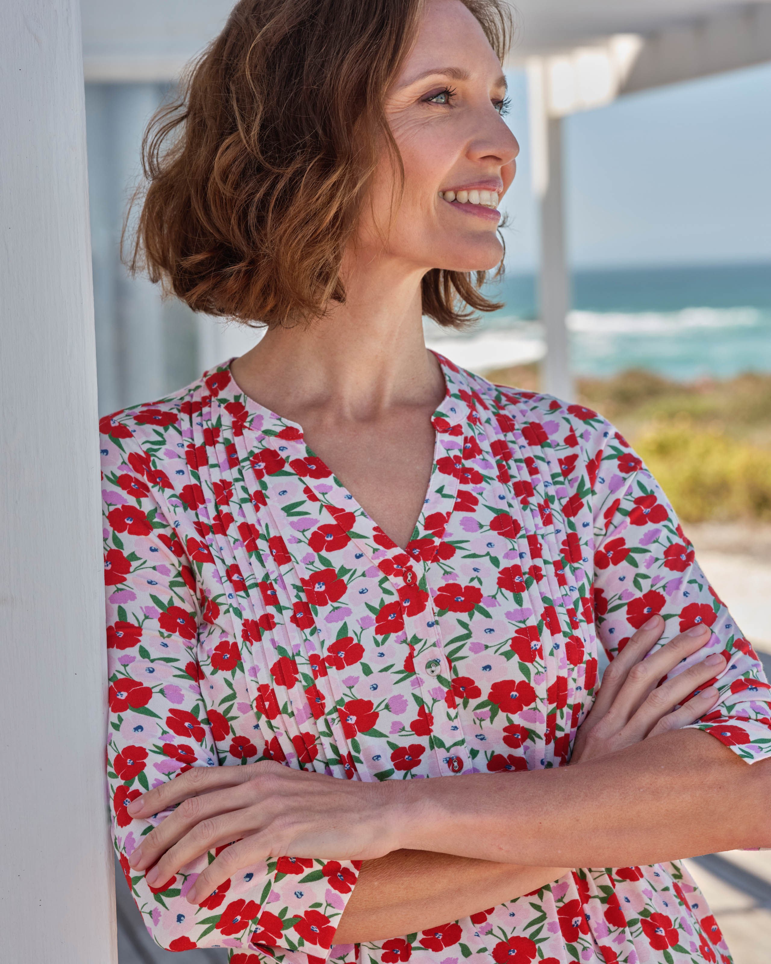 Scattered Poppy Print | Longline Pintuck Shirt | WoolOvers UK