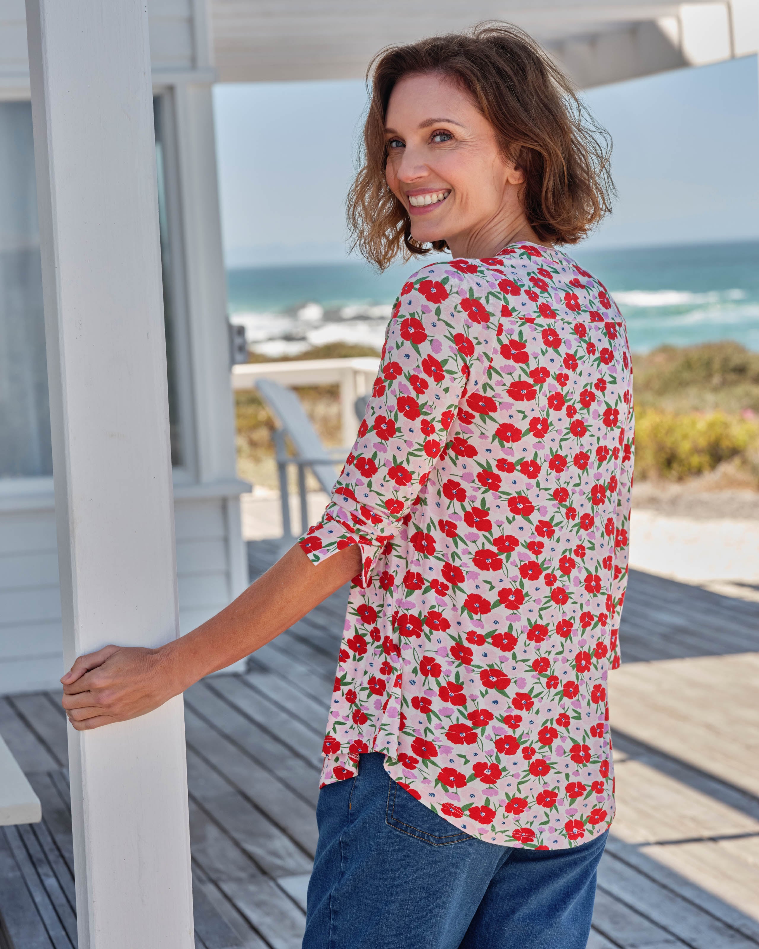 Scattered Poppy Print | Longline Pintuck Shirt | WoolOvers UK