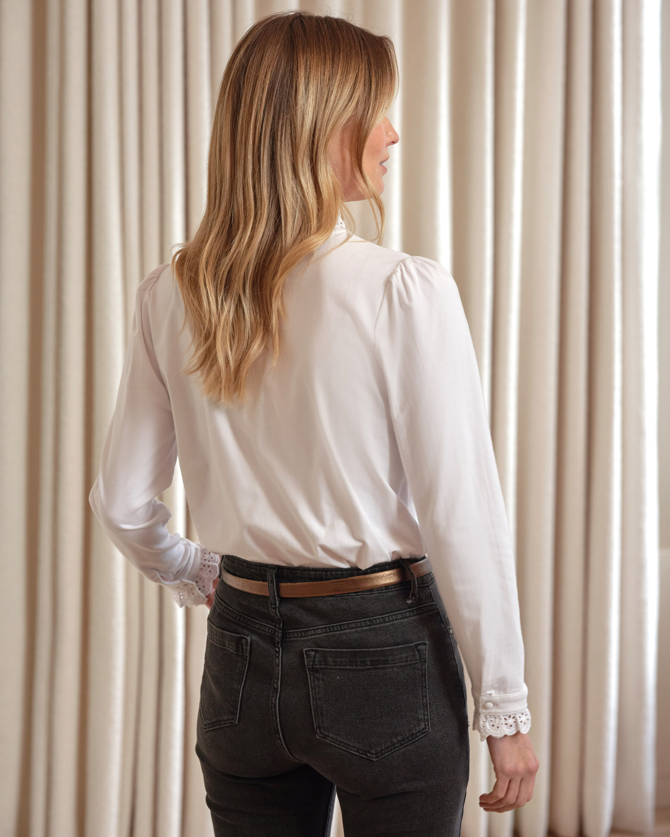White | Broderie Half Frill Layering Top | WoolOvers UK