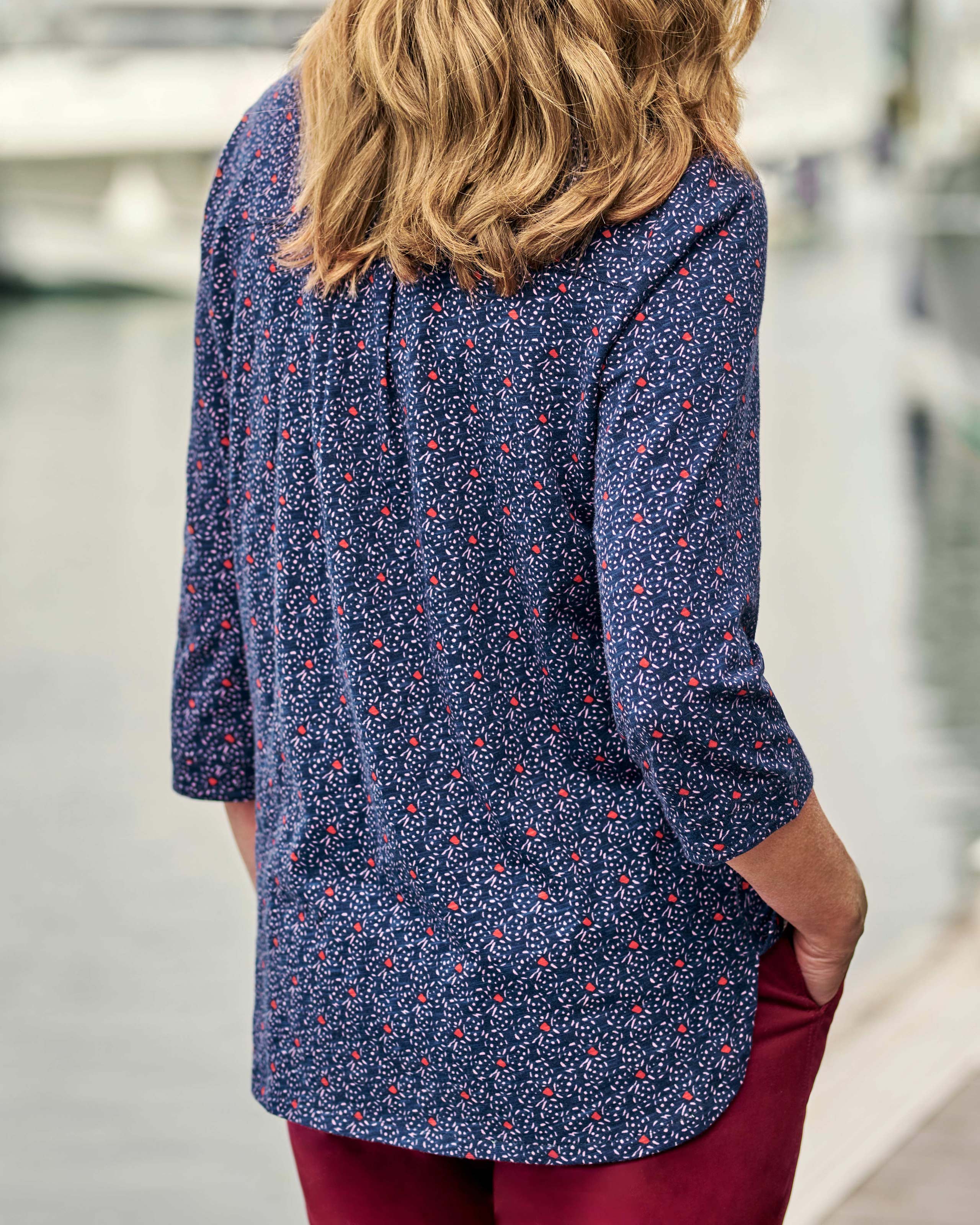 Navy Dot Dash Print | Organic Jersey Long Line Shirt | WoolOvers AU