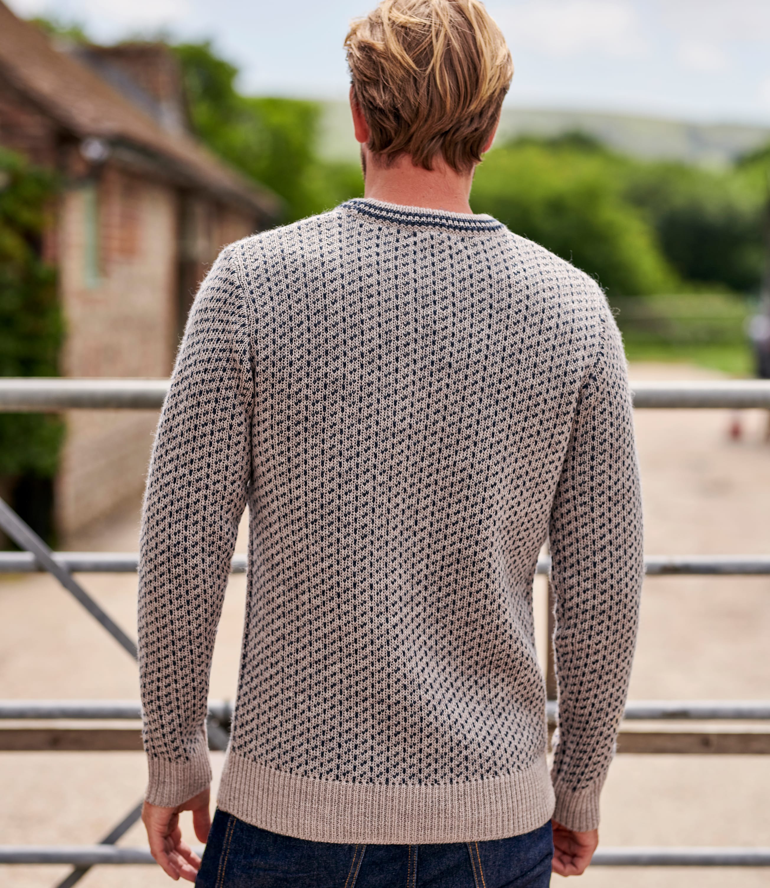 Oatmeal/Denim | Pure Wool Double Stitch Jumper | WoolOvers AU