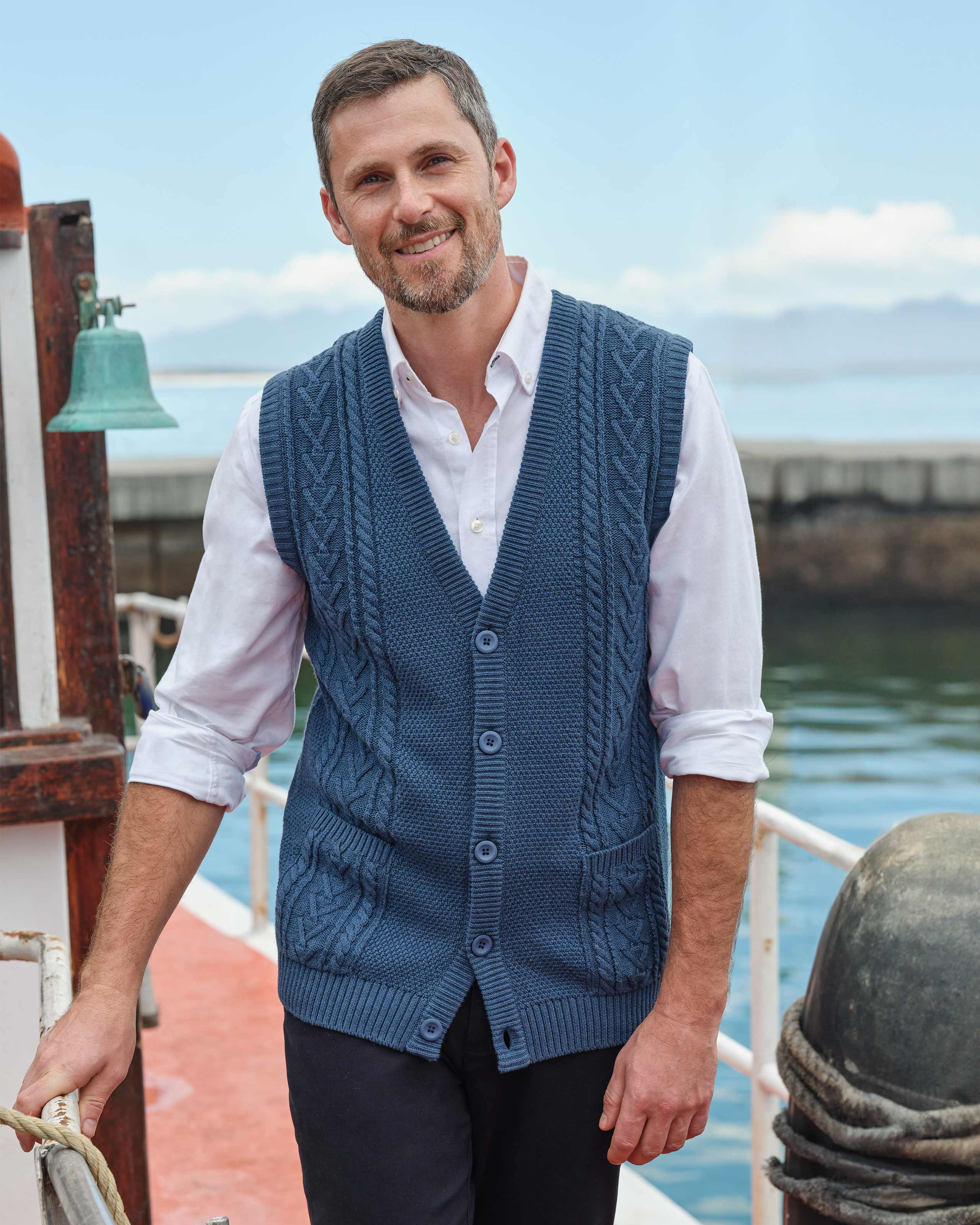 Denim Marl | Mens Cable Waistcoat | WoolOvers AU