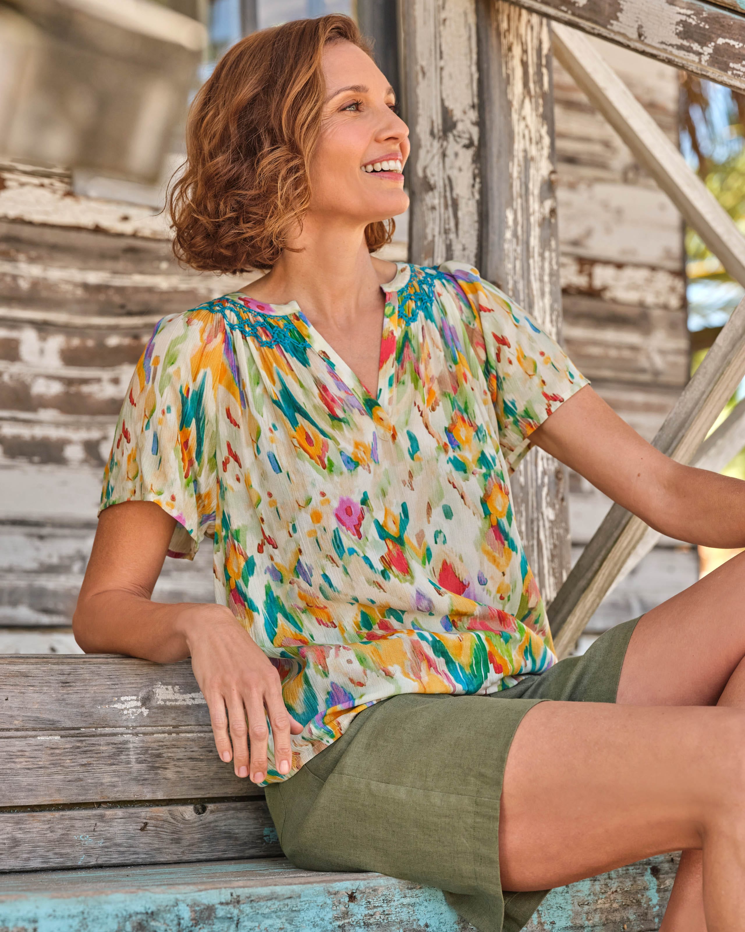 Multi Ikat Print | Angel Sleeve Crinkle Blouse | WoolOvers AU