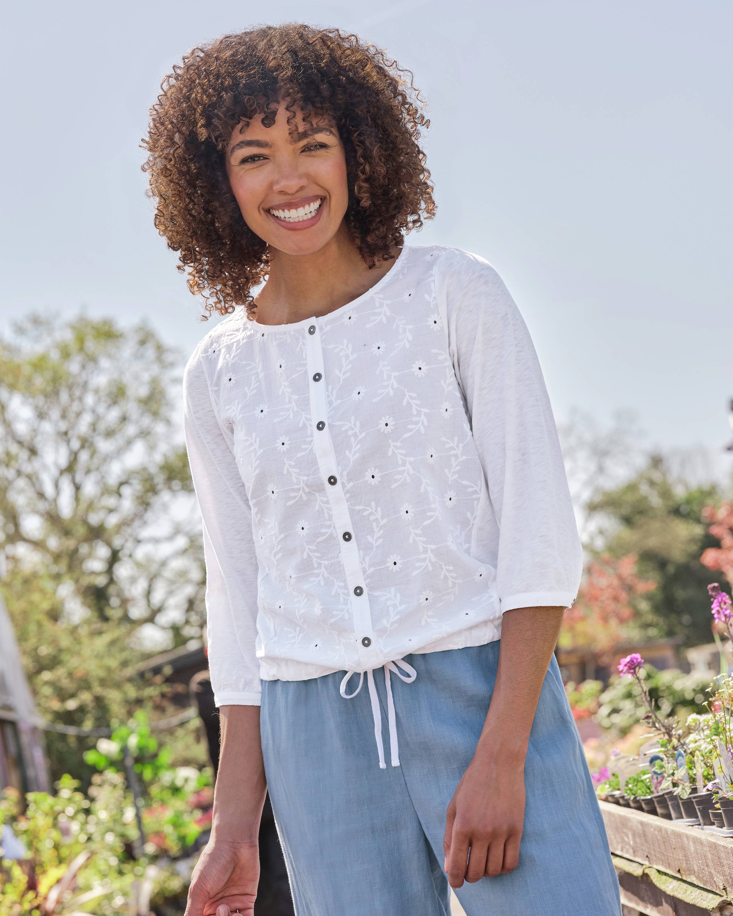 White | 3/4 Length Sleeve Embroidered Tie Hem Top | WoolOvers UK