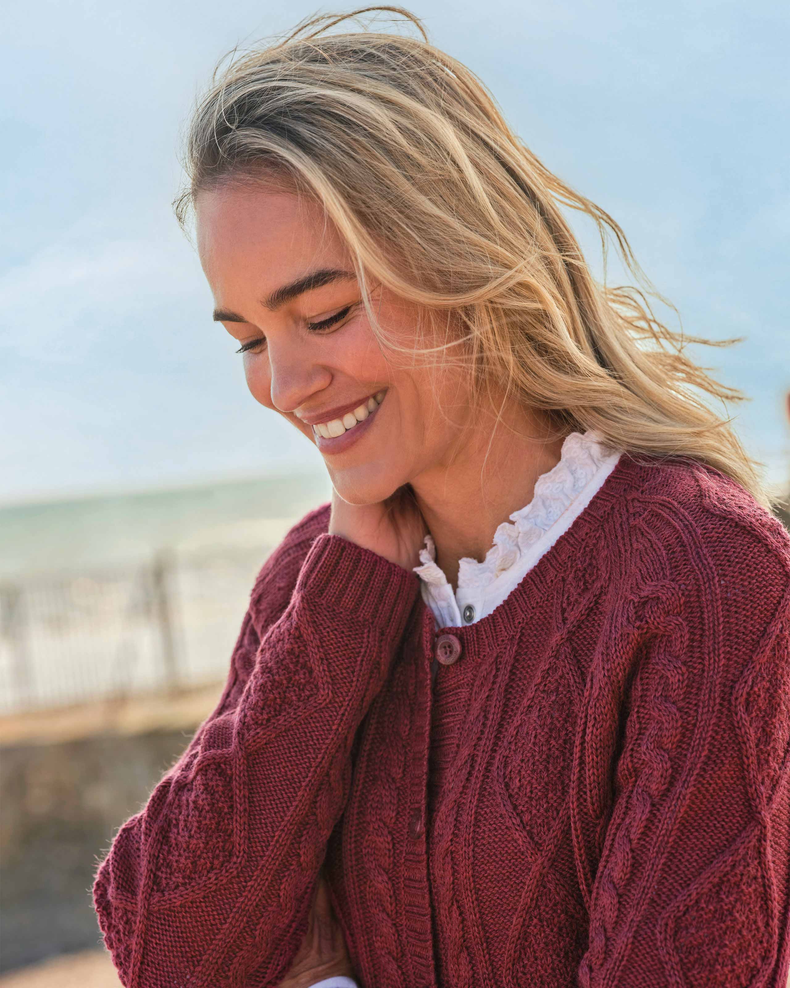 Raspberry Marl | Cable Button Through Cardigan | WoolOvers AU