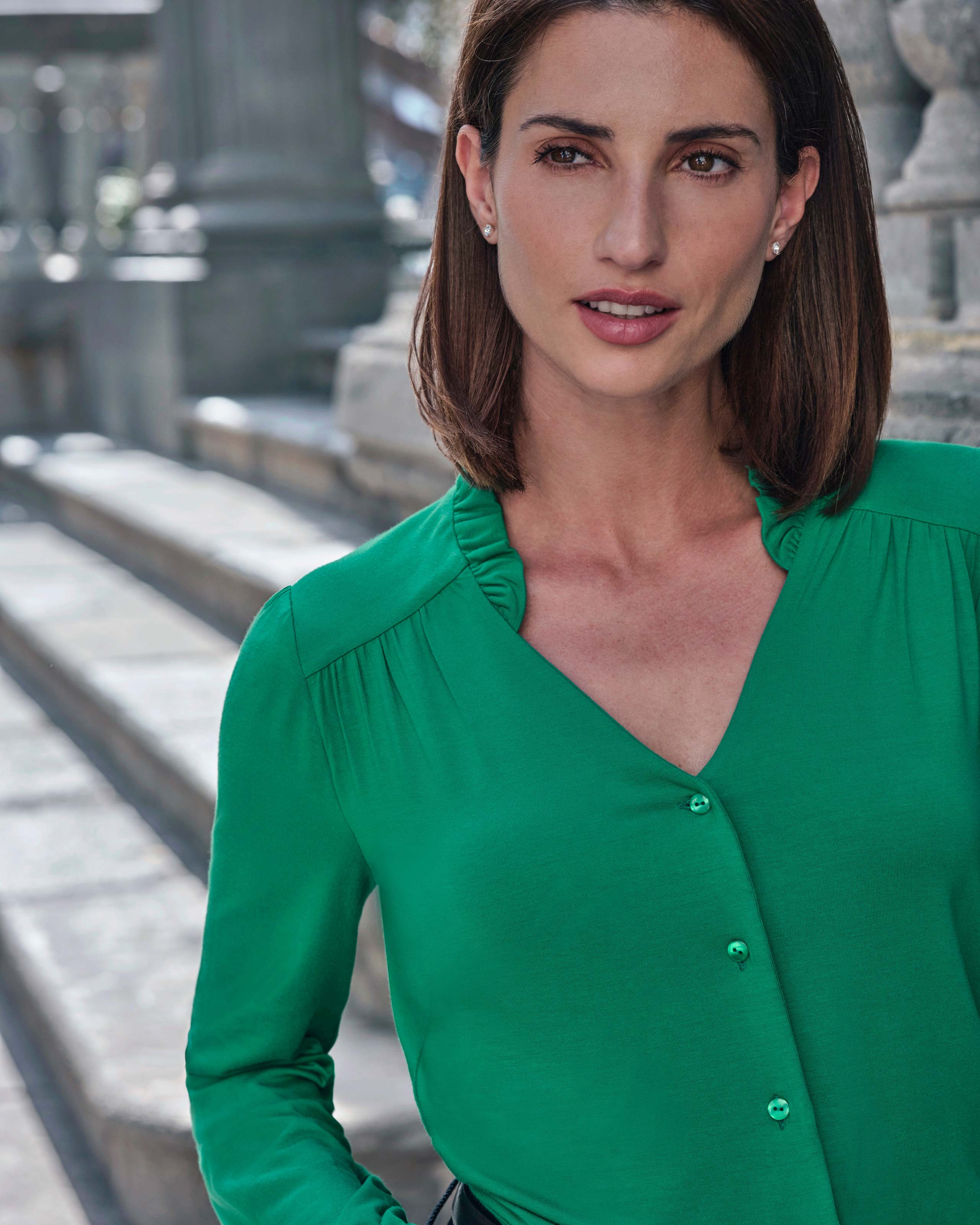 Green | Frill Open Neck Jersey Top | WoolOvers US