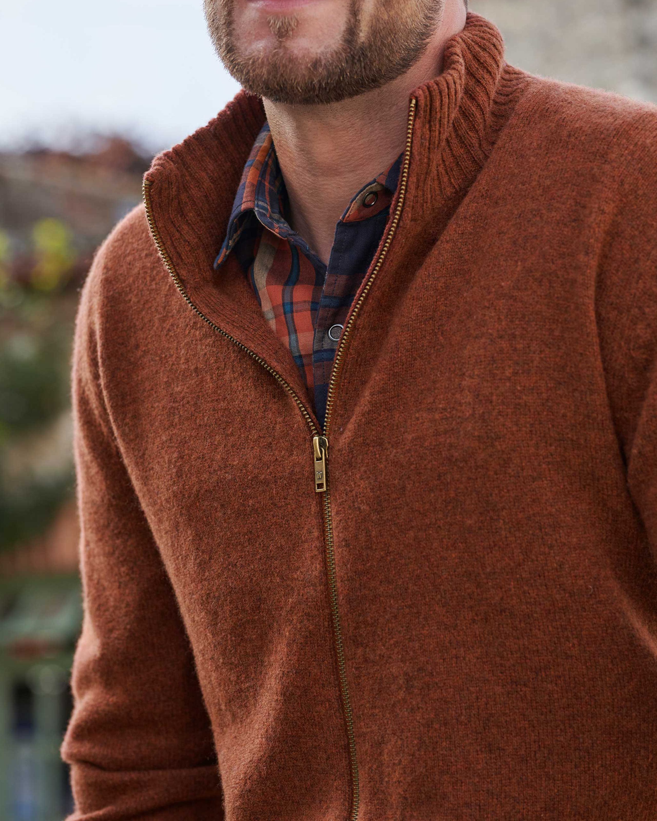 Orange Rust | Mens Lambswool Lincoln Zipper Cardigan | WoolOvers AU