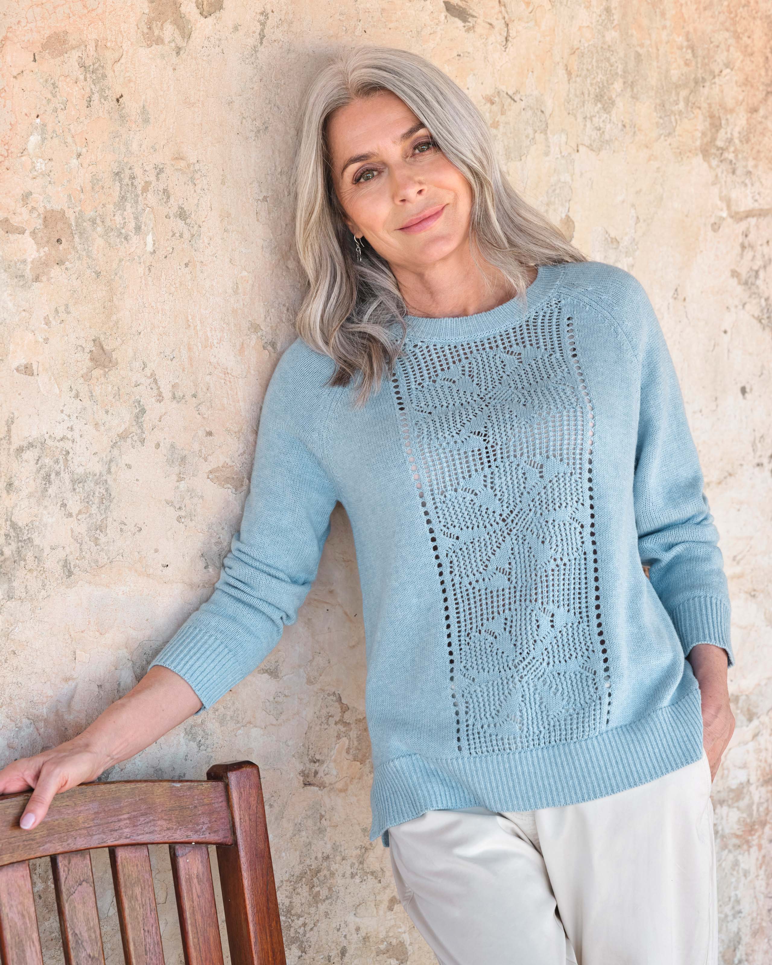 Light Blue | Pointelle Front Panel Jumper | WoolOvers UK