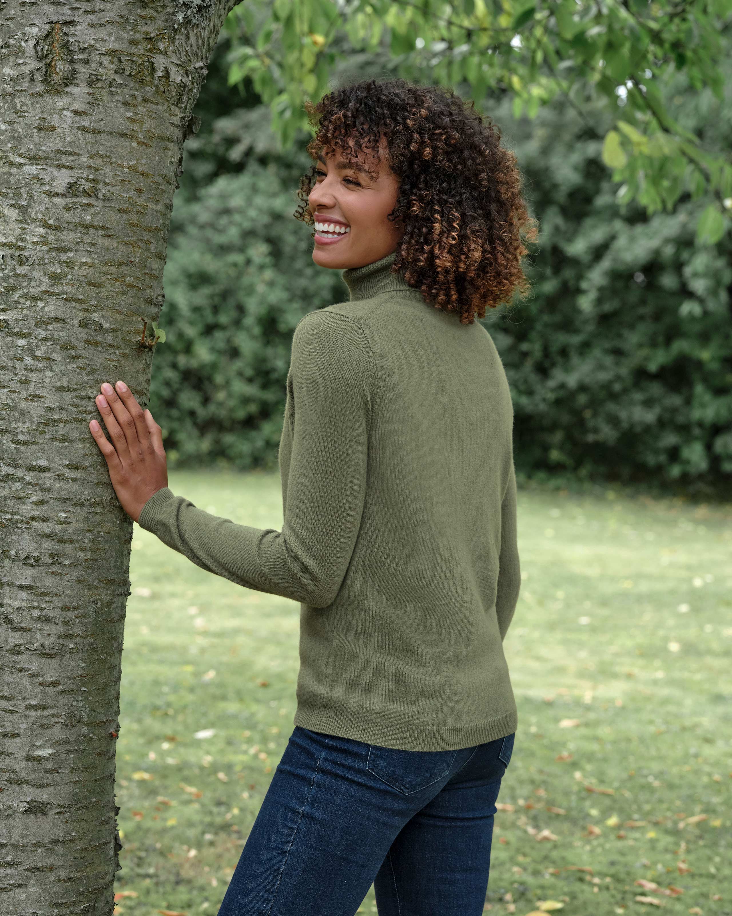 Khaki Haze | Cashmere & Merino Fitted Polo Neck Knitted Jumper ...