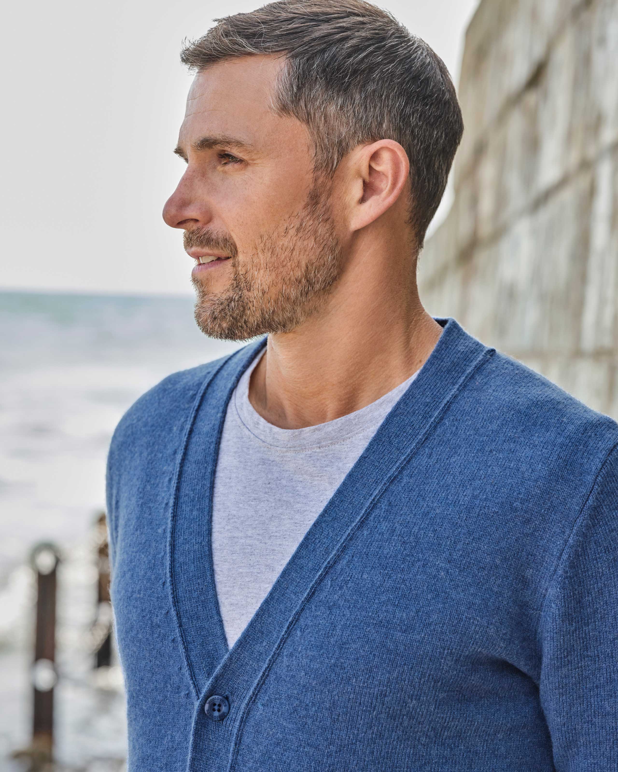 Chelsea Blue | Mens Lambswool V Neck Cardigan | WoolOvers UK