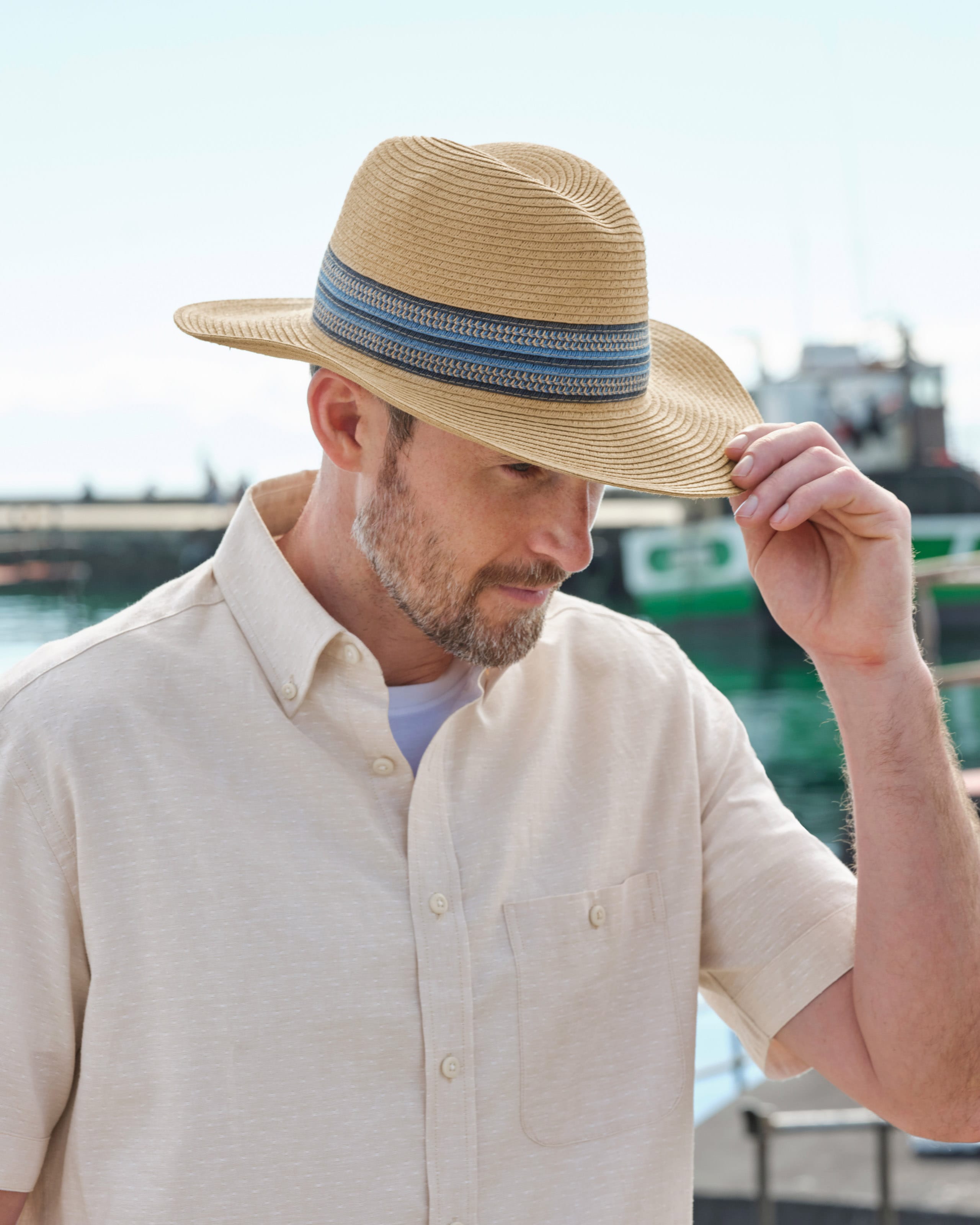 Natur/Navy | Strohhut mit breiter Krempe für Herren | WoolOvers DE