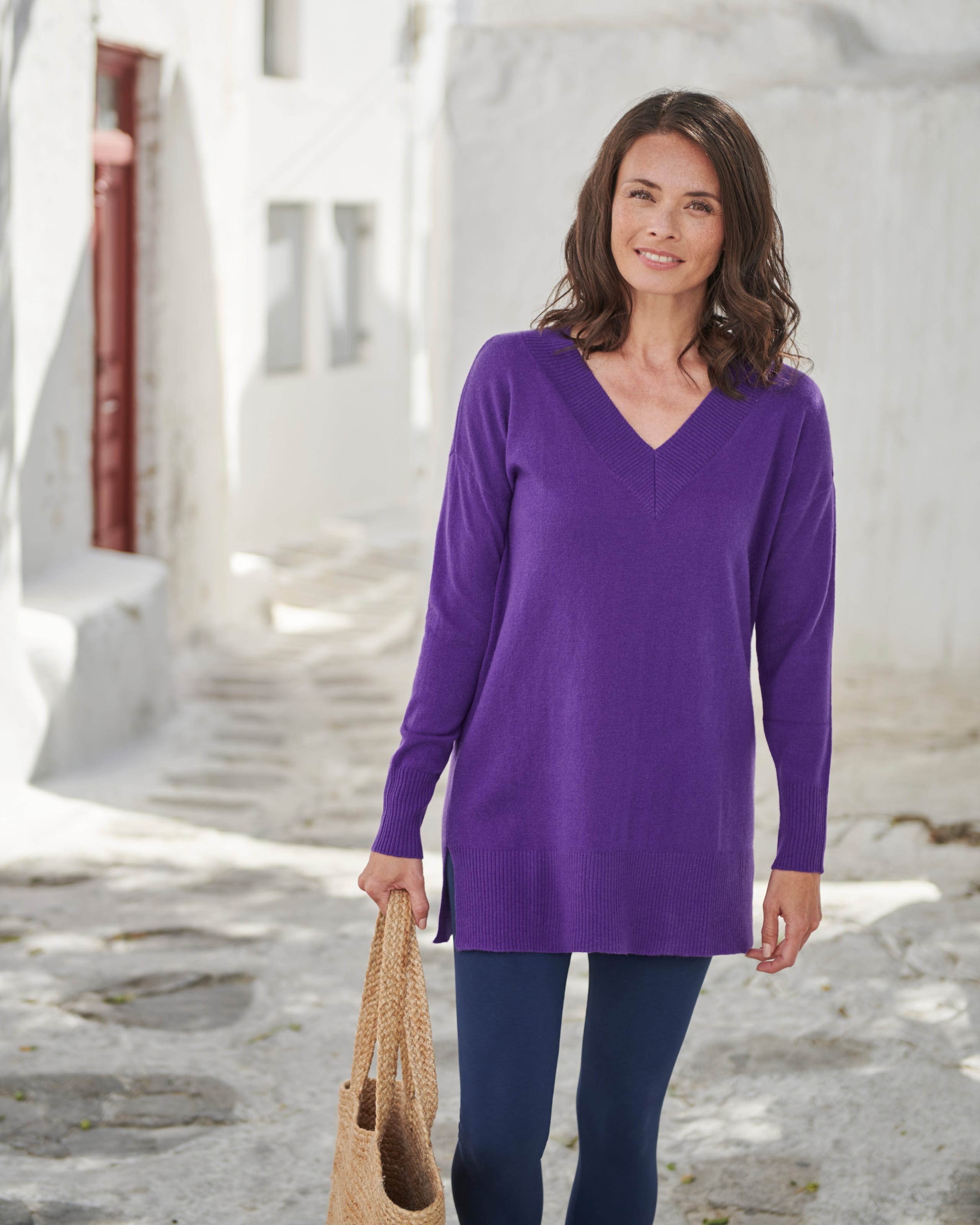 Bright Aubergine | Cashmere Merino Deep V Neck Tunic | WoolOvers UK
