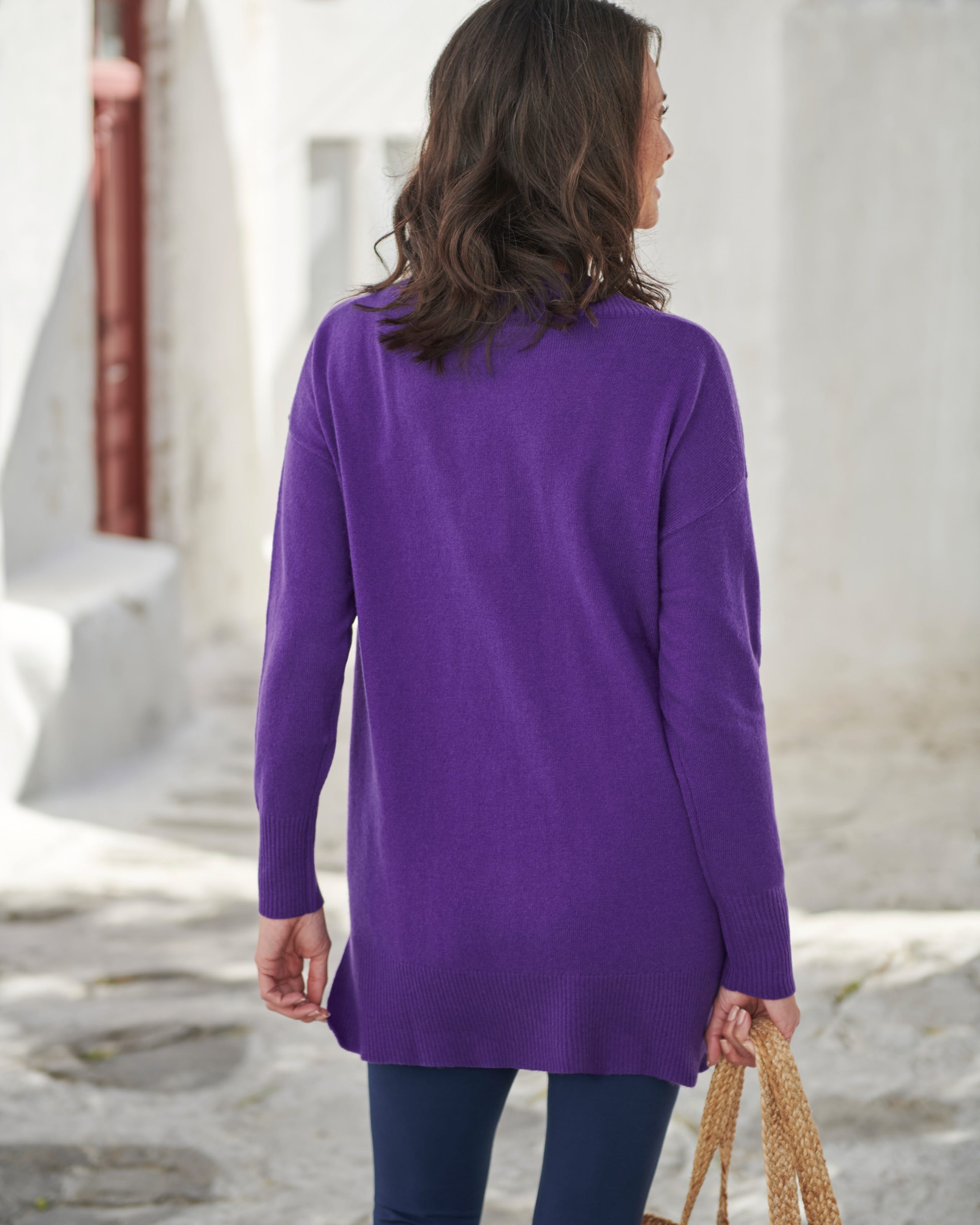 Bright Aubergine | Cashmere Merino Deep V Neck Tunic | WoolOvers UK