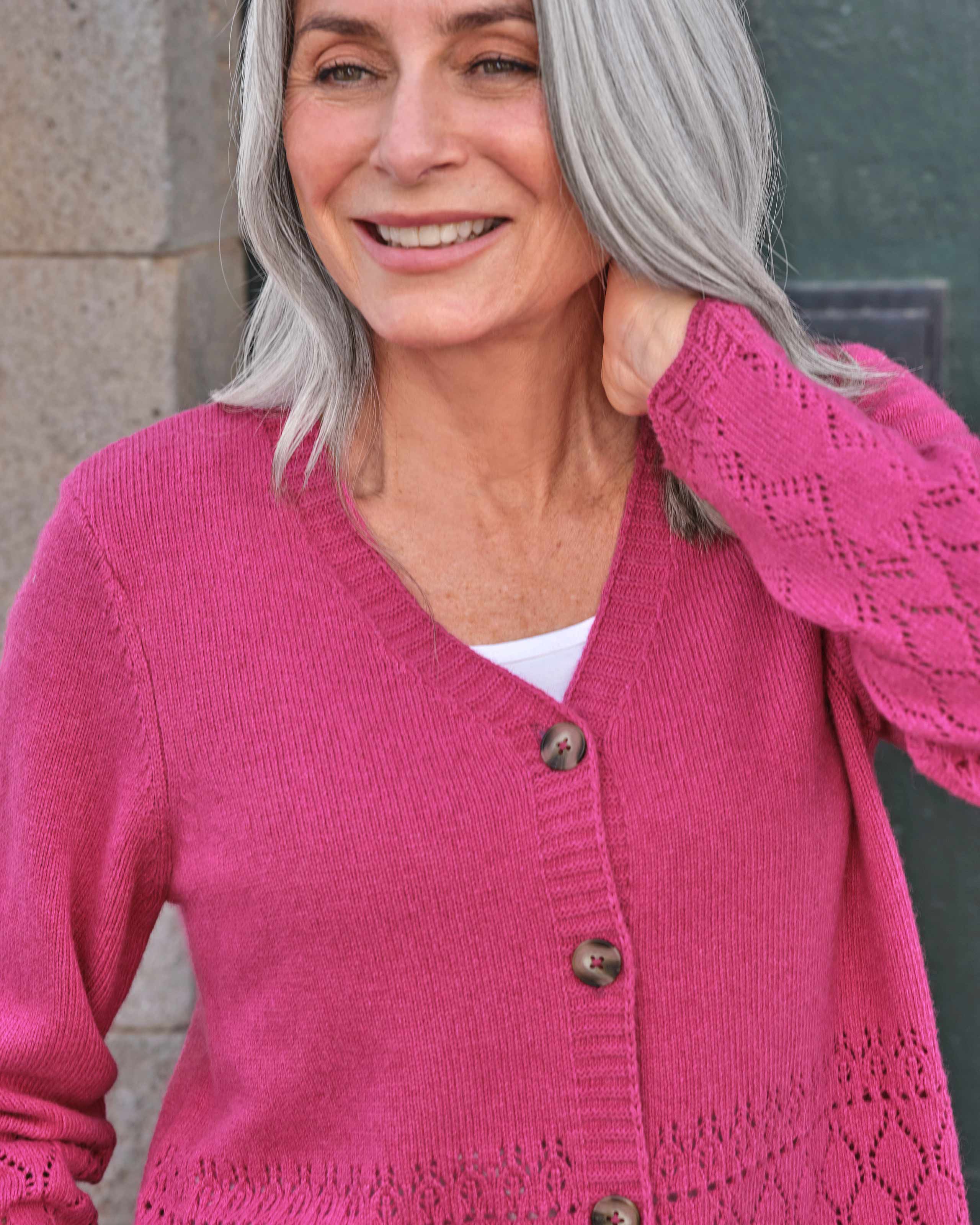 Fuchsia Pink | Strickjacke mit Pointelle-Saum und V-Ausschnitt ...