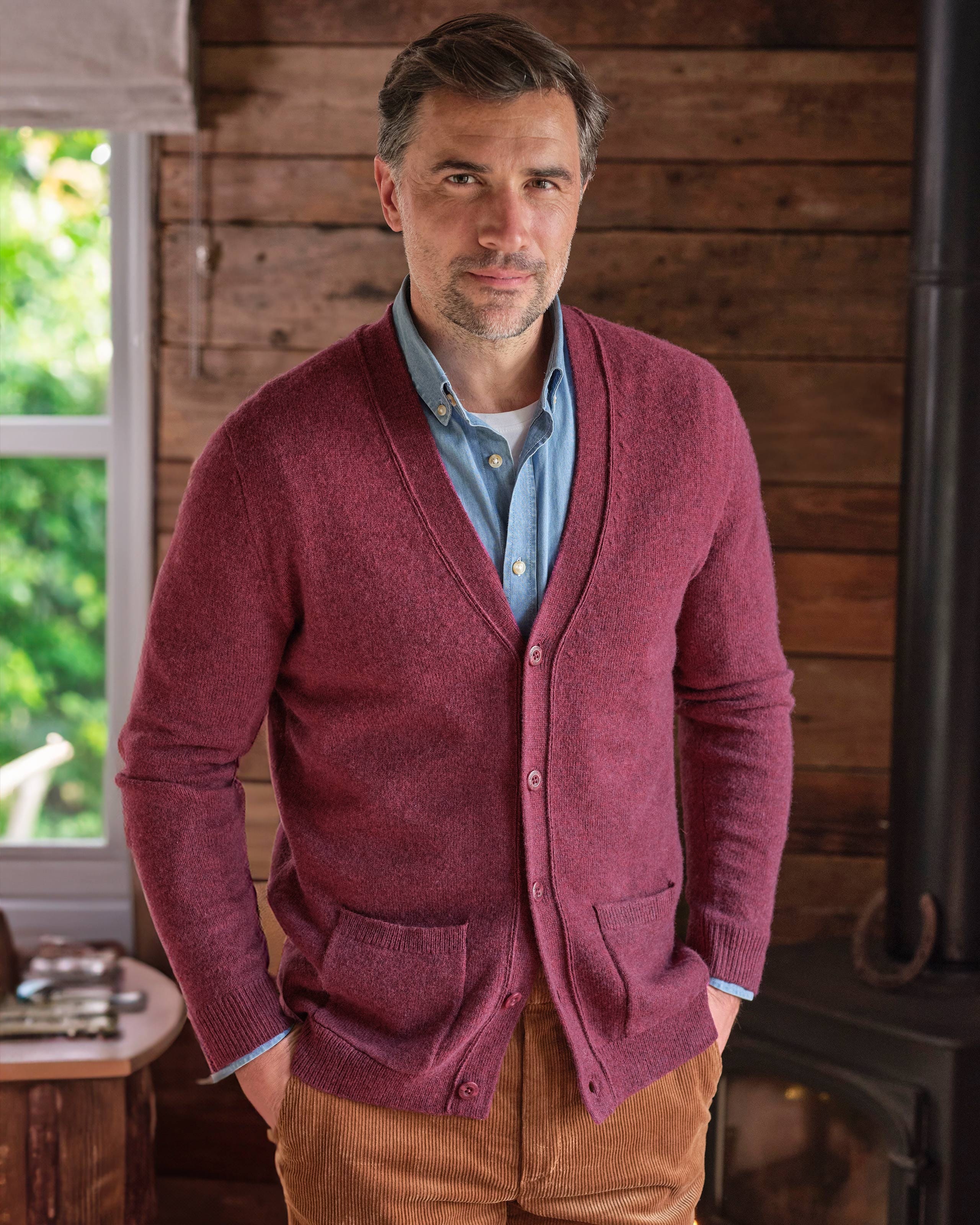 Plum Marl | Mens Lambswool V Neck Cardigan | WoolOvers AU